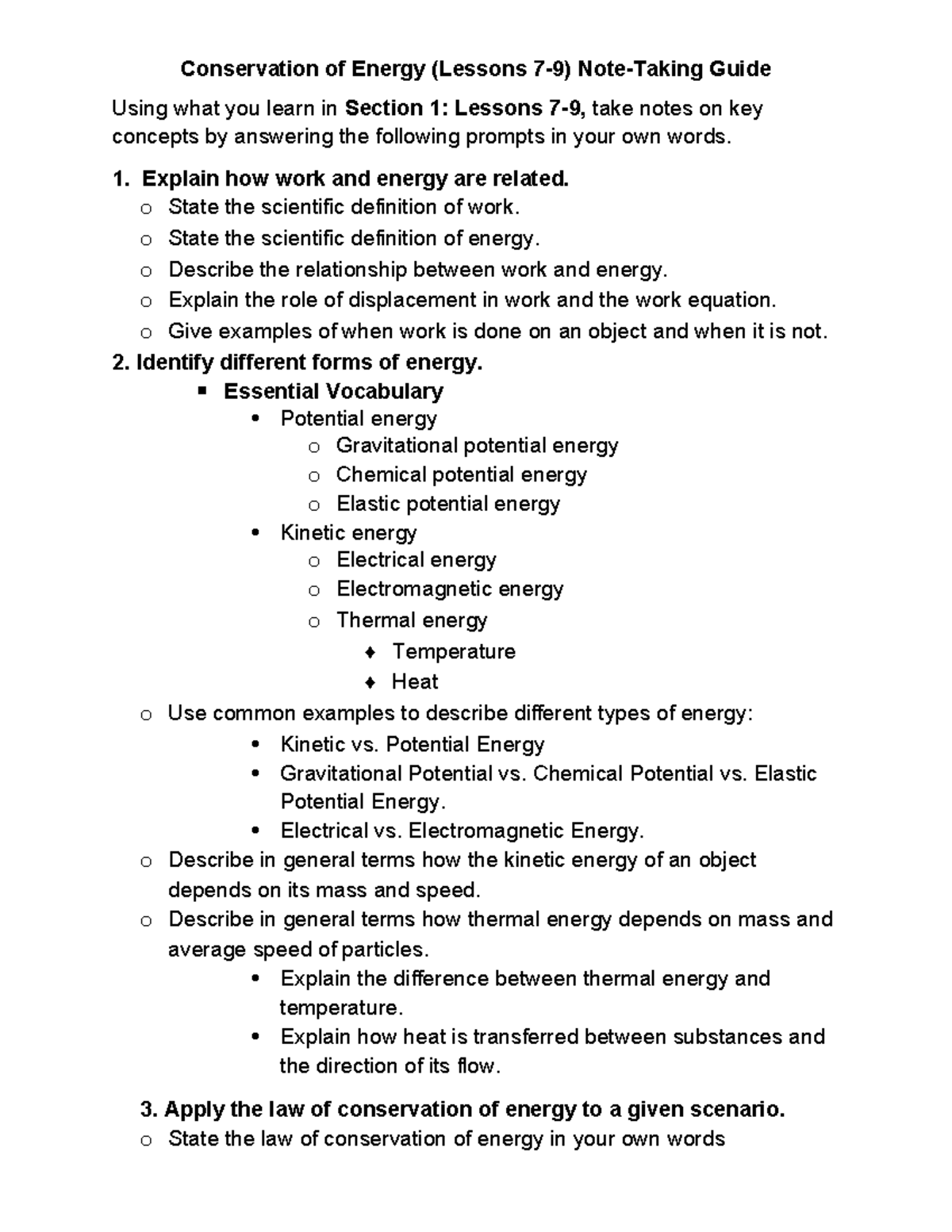 Section 1 Conservation of Energy (Lessons 7-9) - Conservation of Energy ...