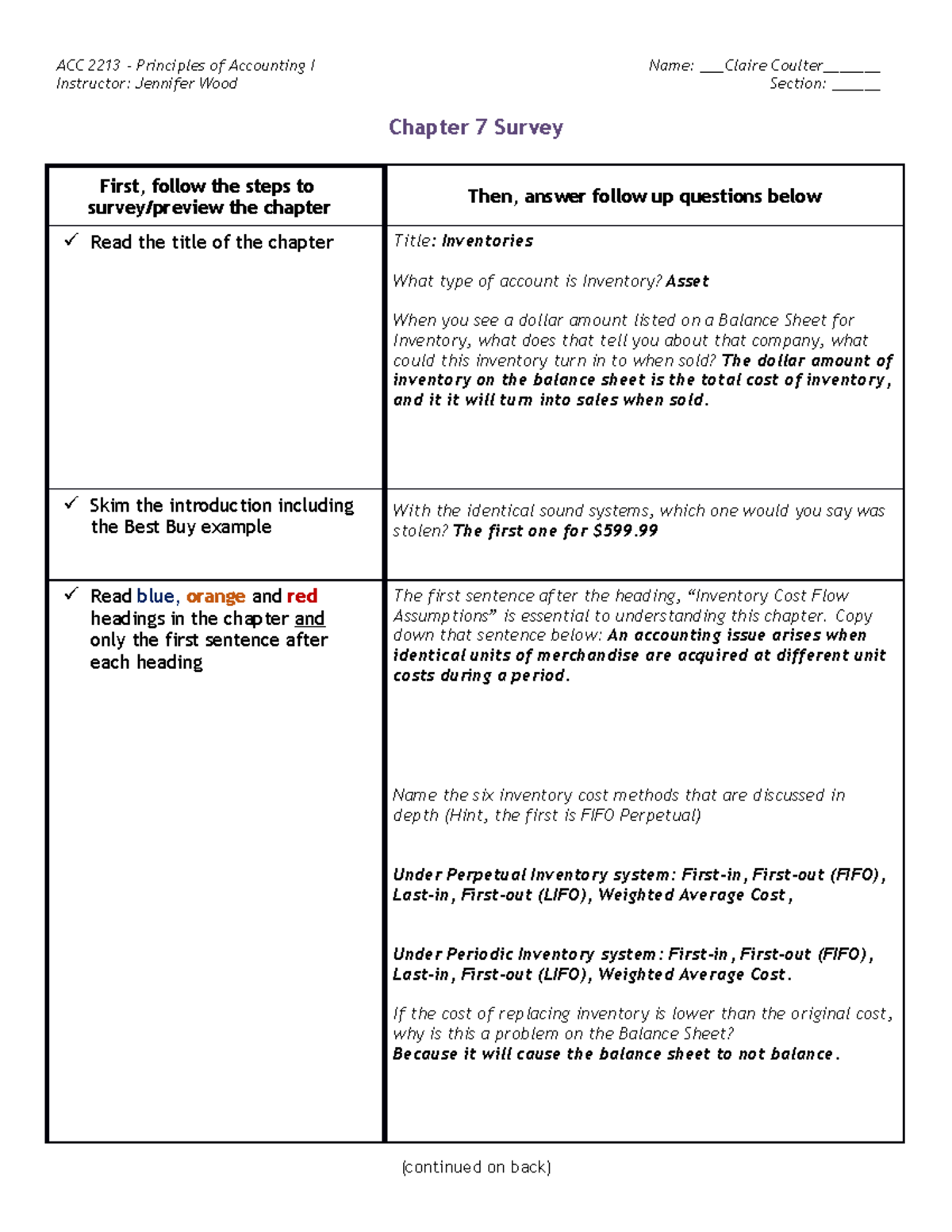 Chapter 7 Survey - ACC 2213 - Principles of Accounting I Name: Claire ...