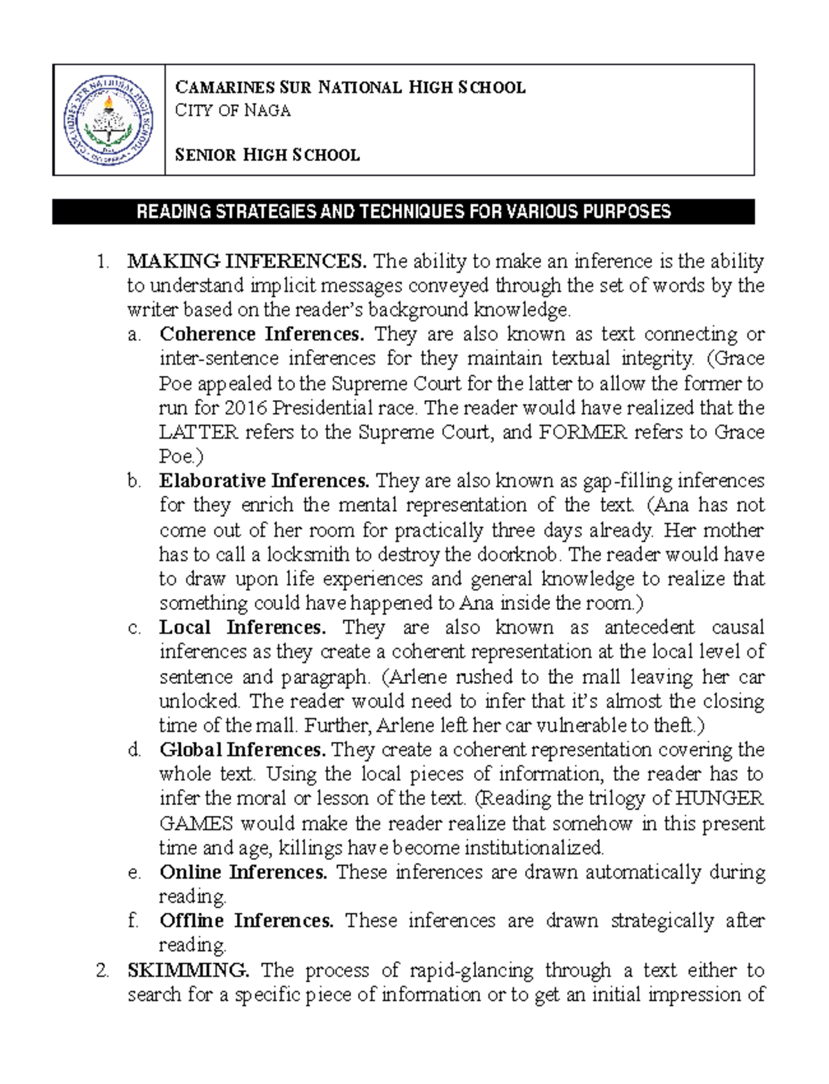 Handout Effective Reading Strategies and Techniques, Modes of Discourse ...