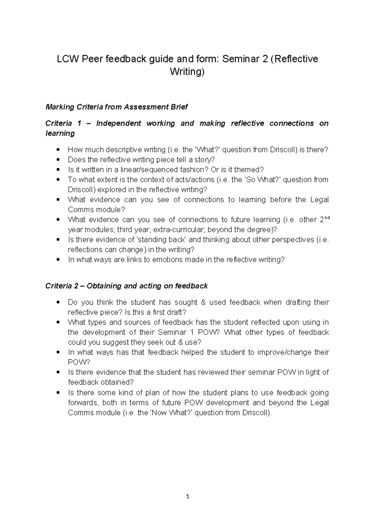 LCW 2024-25 Seminar 2 Peer feedback guide and form - LCW Peer feedback ...
