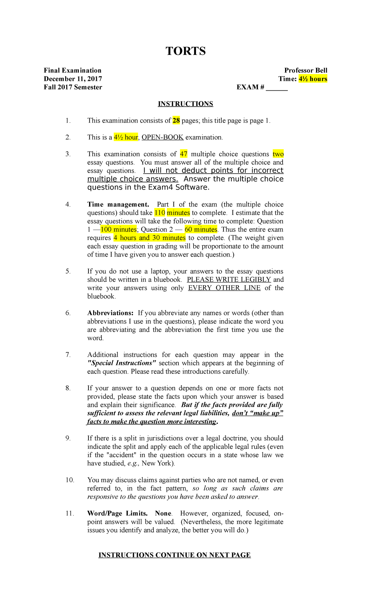 BELL Final Torts Exam F17 dr3 excerpted - TORTS Final Examination ...