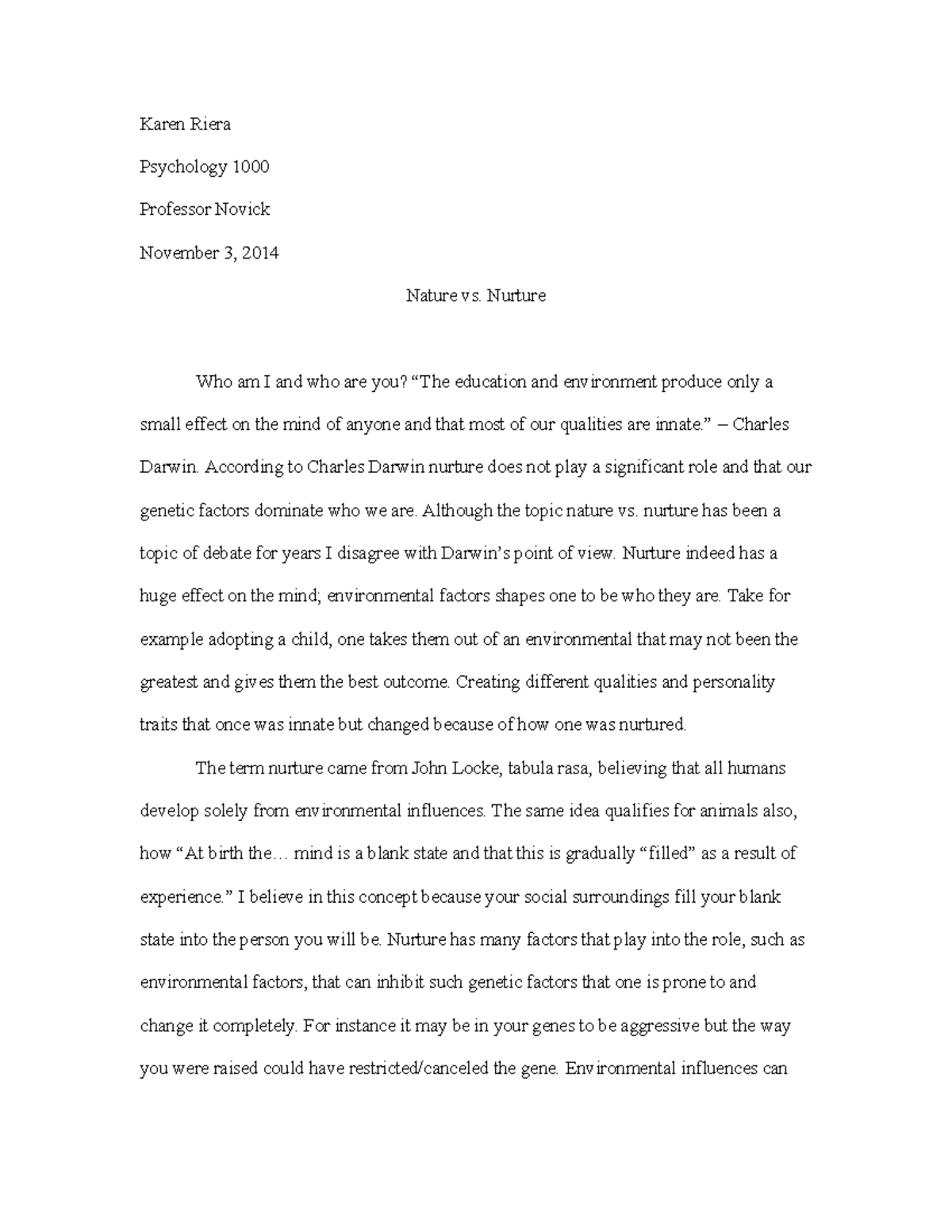 Nature vs natuture - Research paper - Karen Riera Psychology 1000 ...
