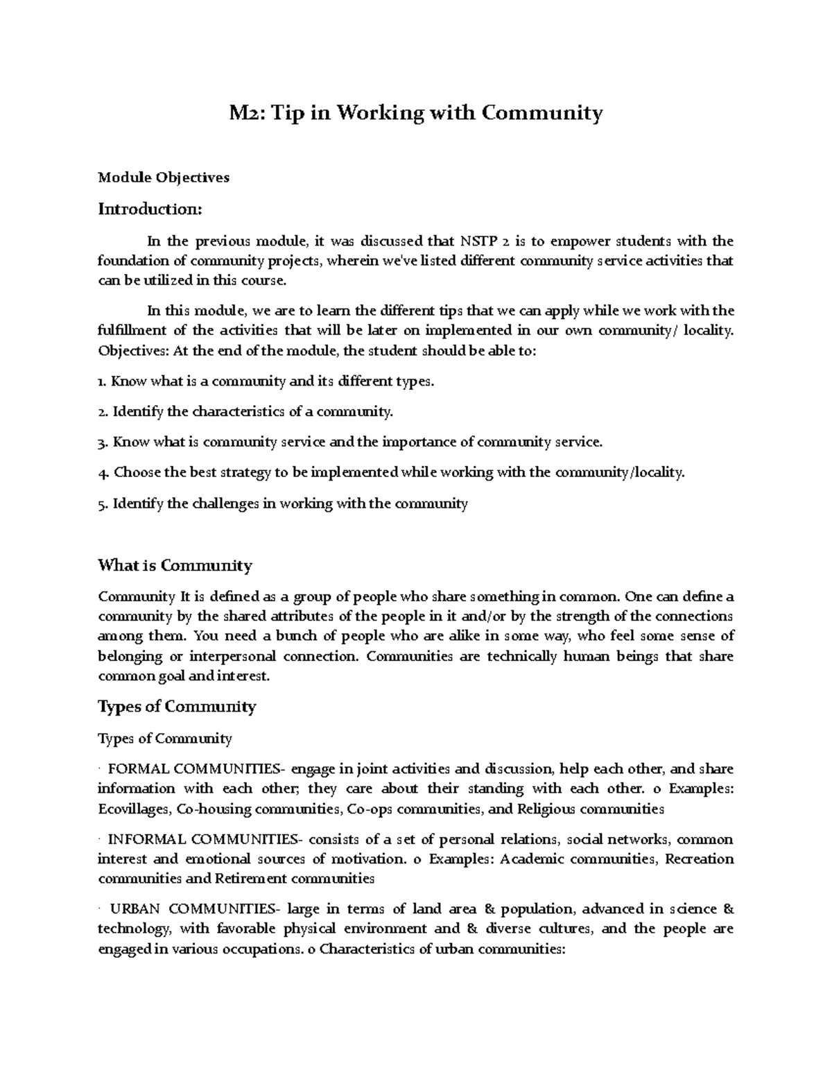 NSTP 2 Module 2 - Mgnt. Acctg. - M2: Tip in Working with Community ...