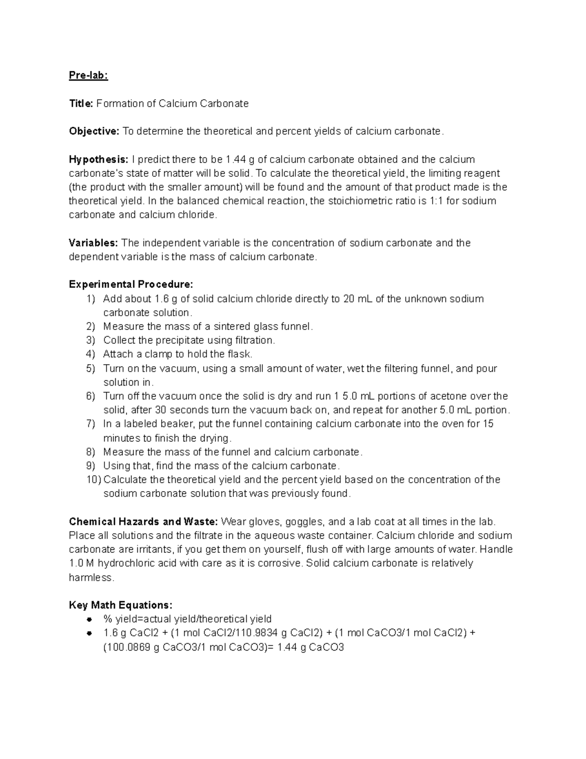 Formation of Calcium Carbonate - Pre-lab: Title: Formation of Calcium ...