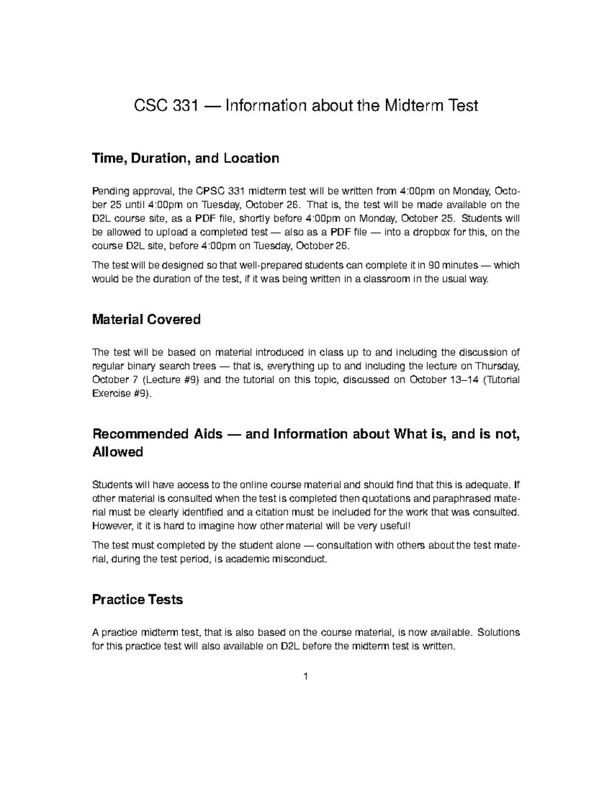 Midterm info - CSC 331 — Information about the Midterm Test Time ...