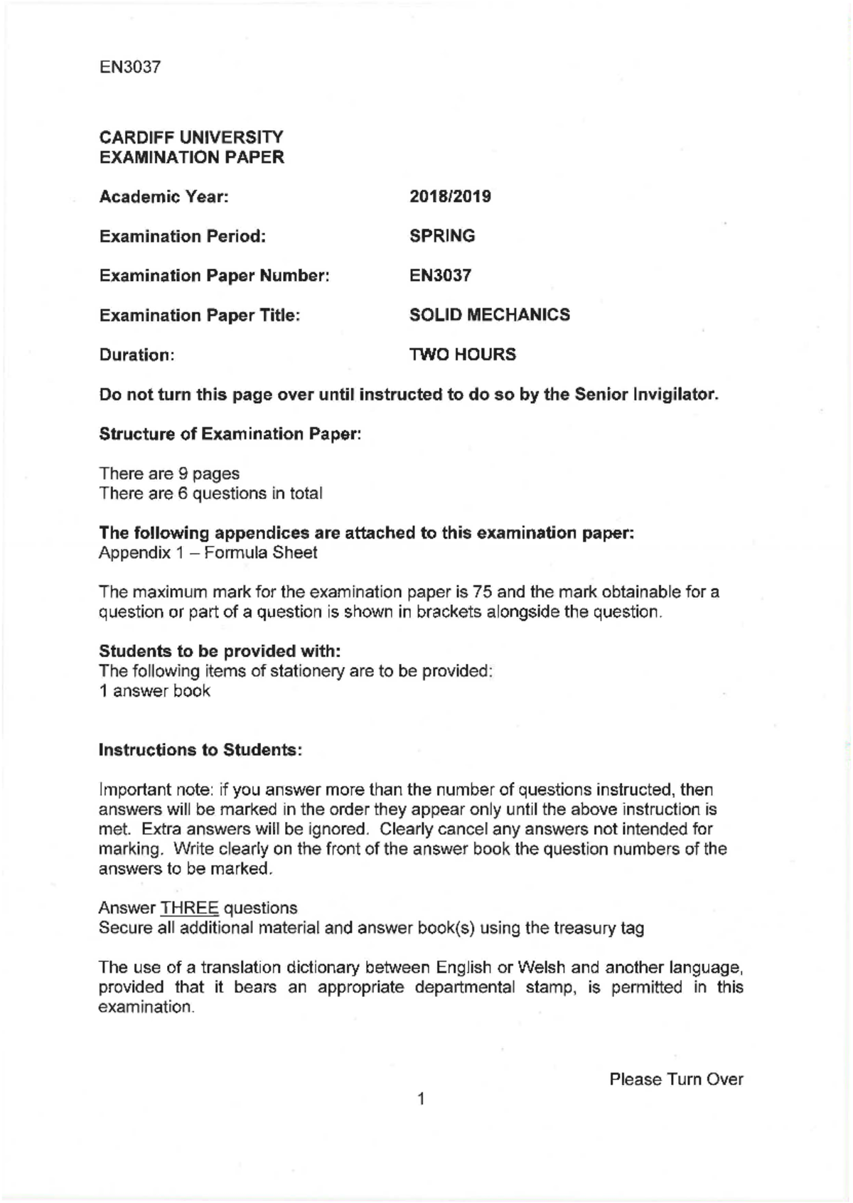 Solid Mechanics - EN3037 - Summer 2019 Past Paper - CARDIFF UNIVERSITY ...
