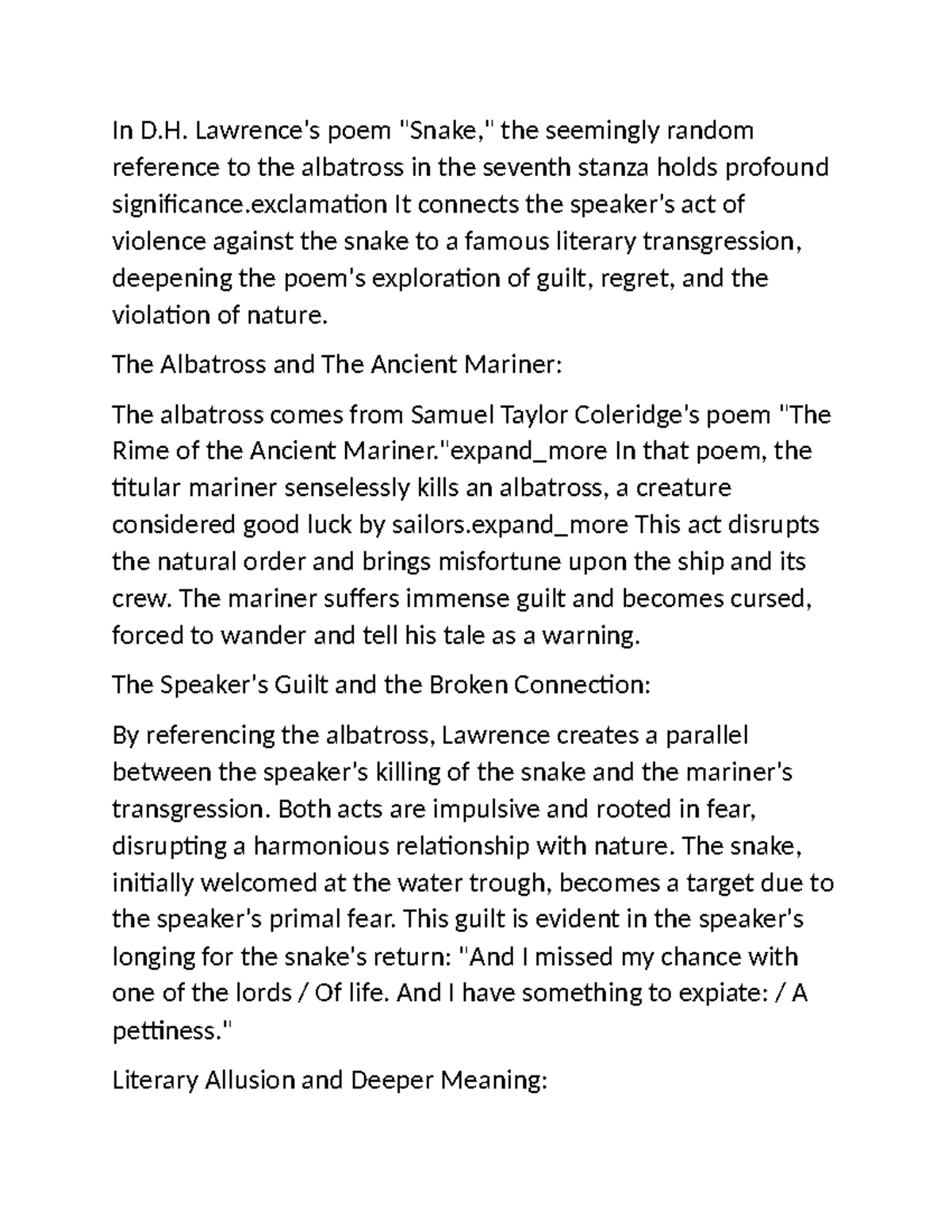 Albatross reference in snake - In D. Lawrence's poem "Snake," the ...