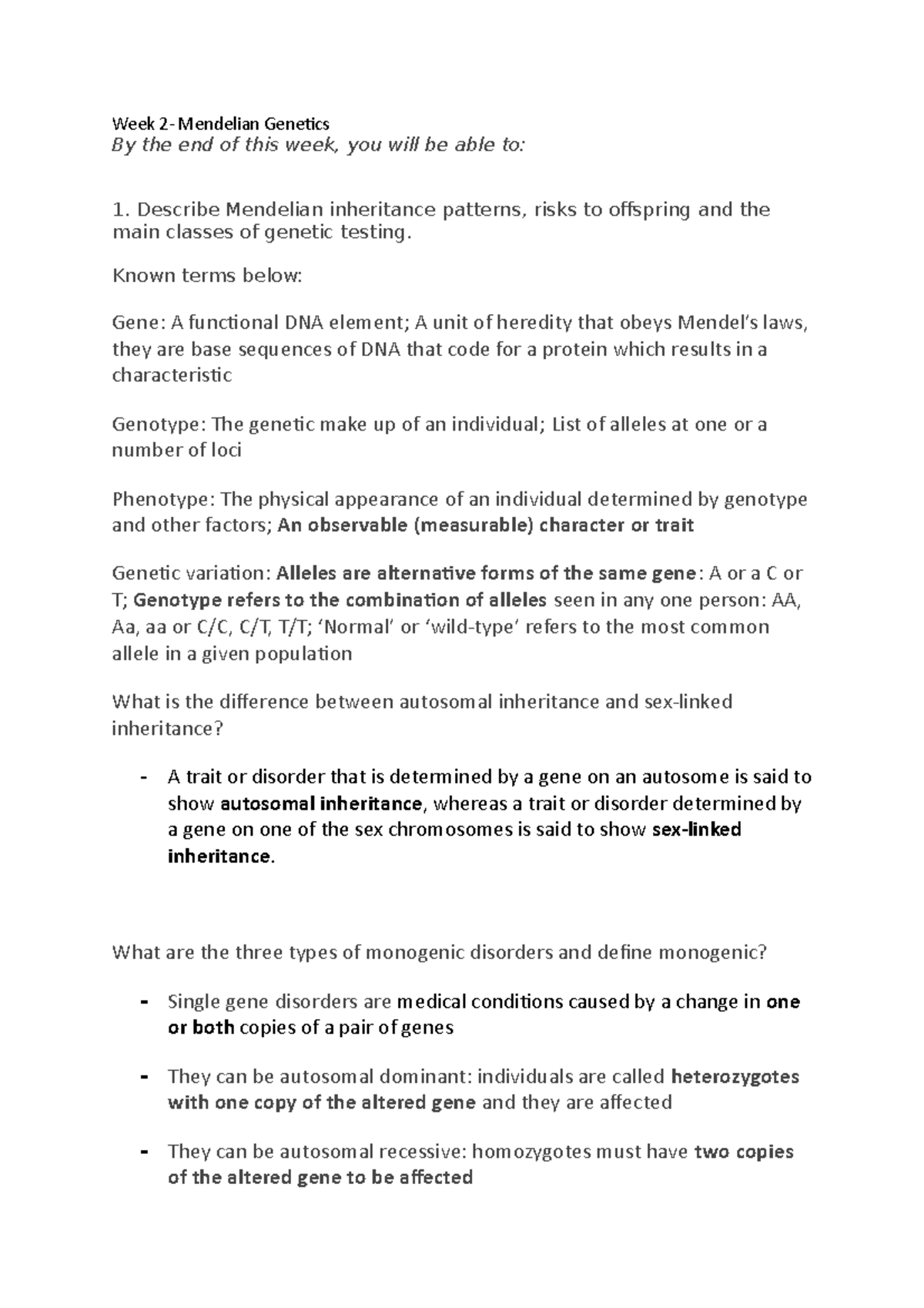 Week 2 Human Genetic Disorders: Mendelian Genetics - Week 2- Mendelian ...