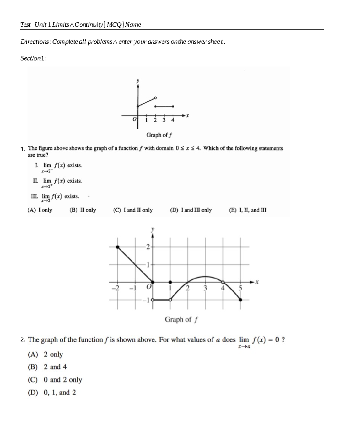 Test Unit 1 Limits and Continuity - Test :Unit 1 Limits∧Continuity (MCQ ...