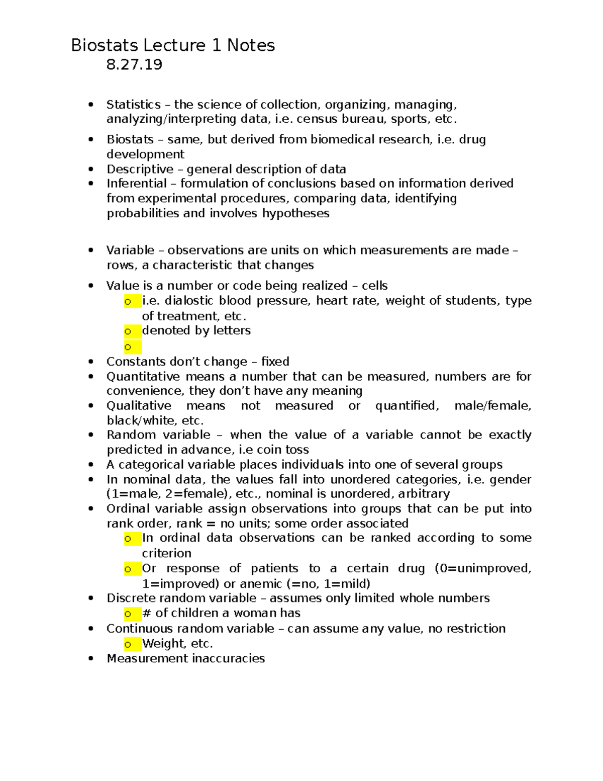 Biostats Lecture 1 Notes Biostats Lecture 1 Notes 8 Statistics The Science Of Collection