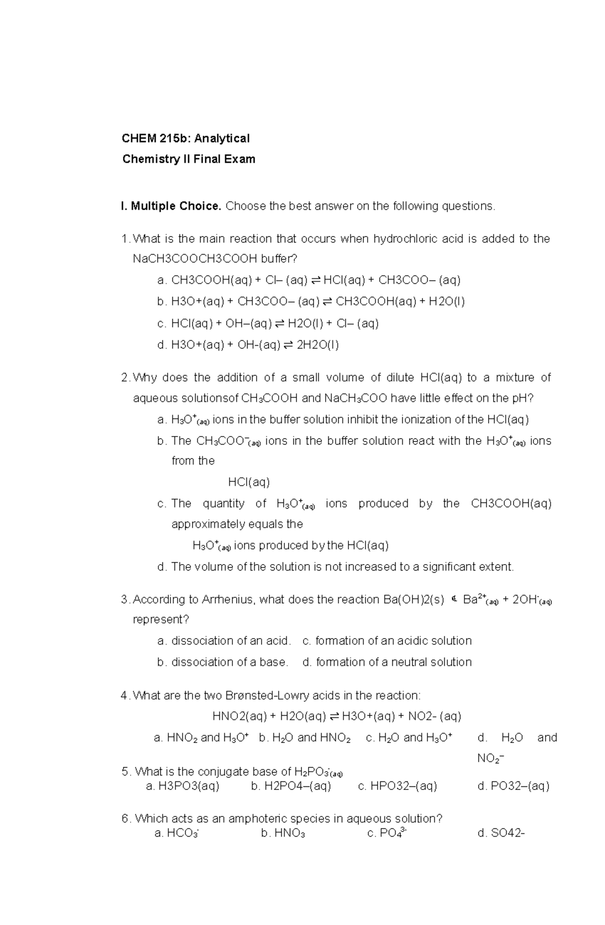 Final Exam Questions In Analytical Chemistry C12 CHEM 215b