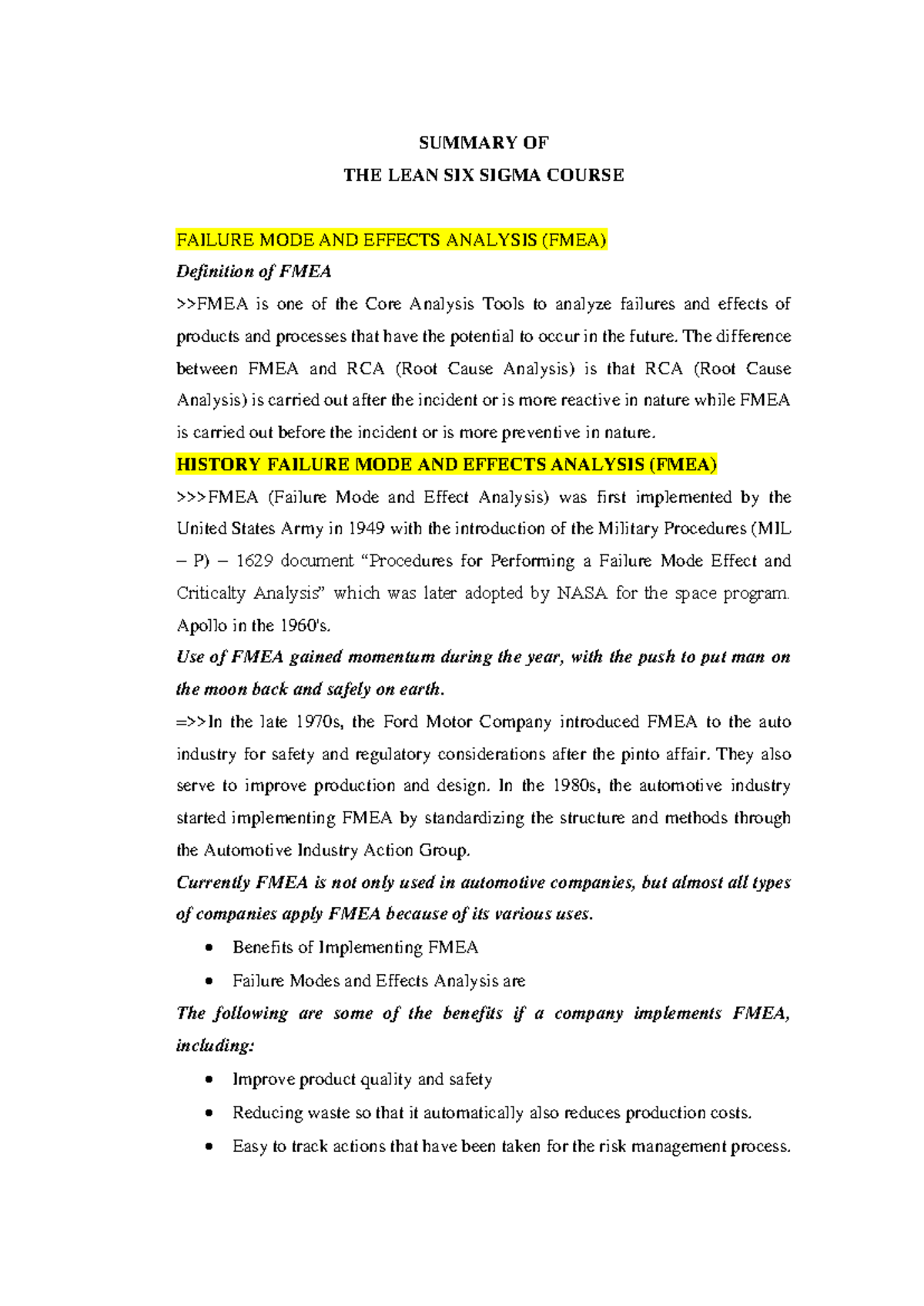 Definition of FMEA LSS-4 - SUMMARY OF THE LEAN SIX SIGMA COURSE FAILURE ...