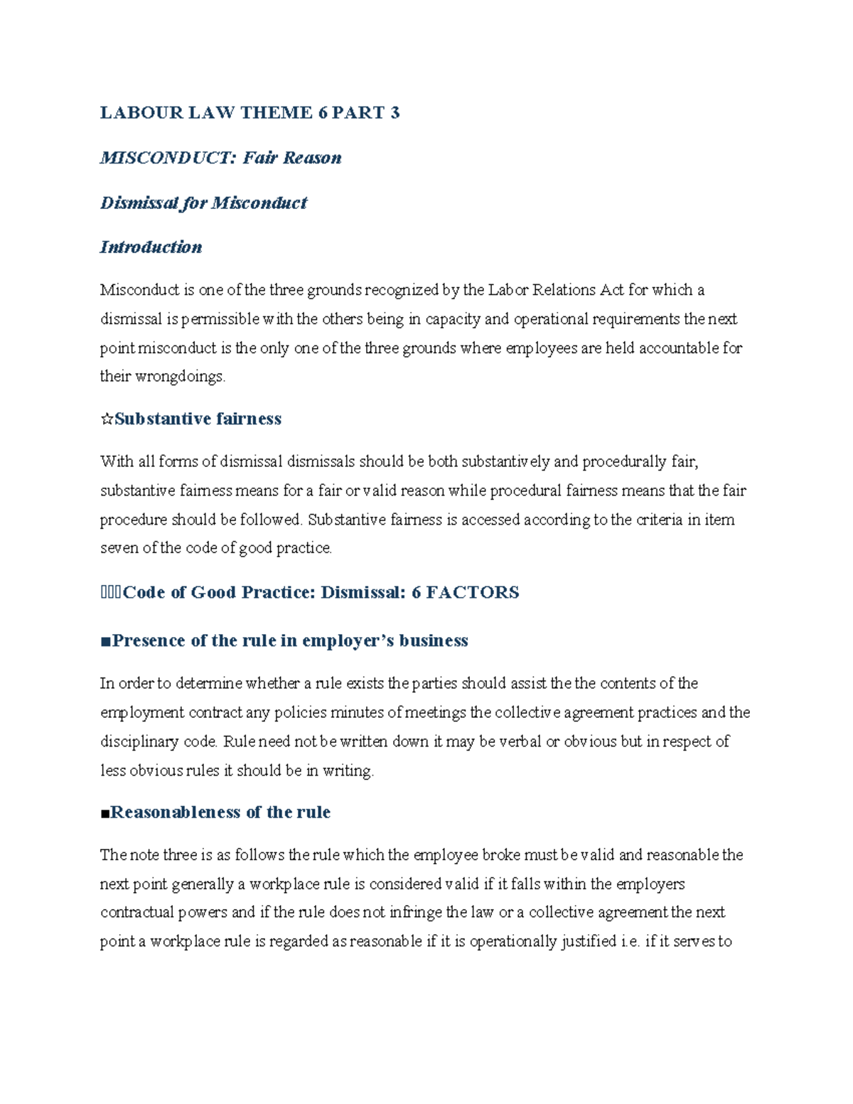 Theme 6 PART 3 Misconduct - LABOUR LAW THEME 6 PART 3 MISCONDUCT: Fair ...