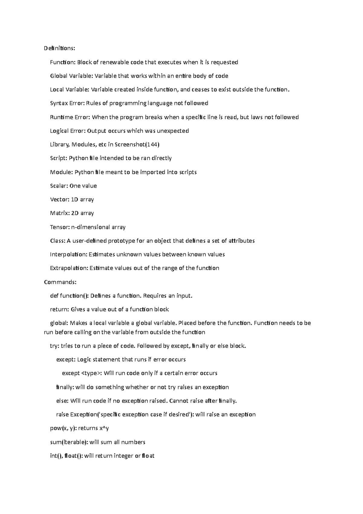 ENGG1800 2 - All the functions and definitions learned between lectures ...