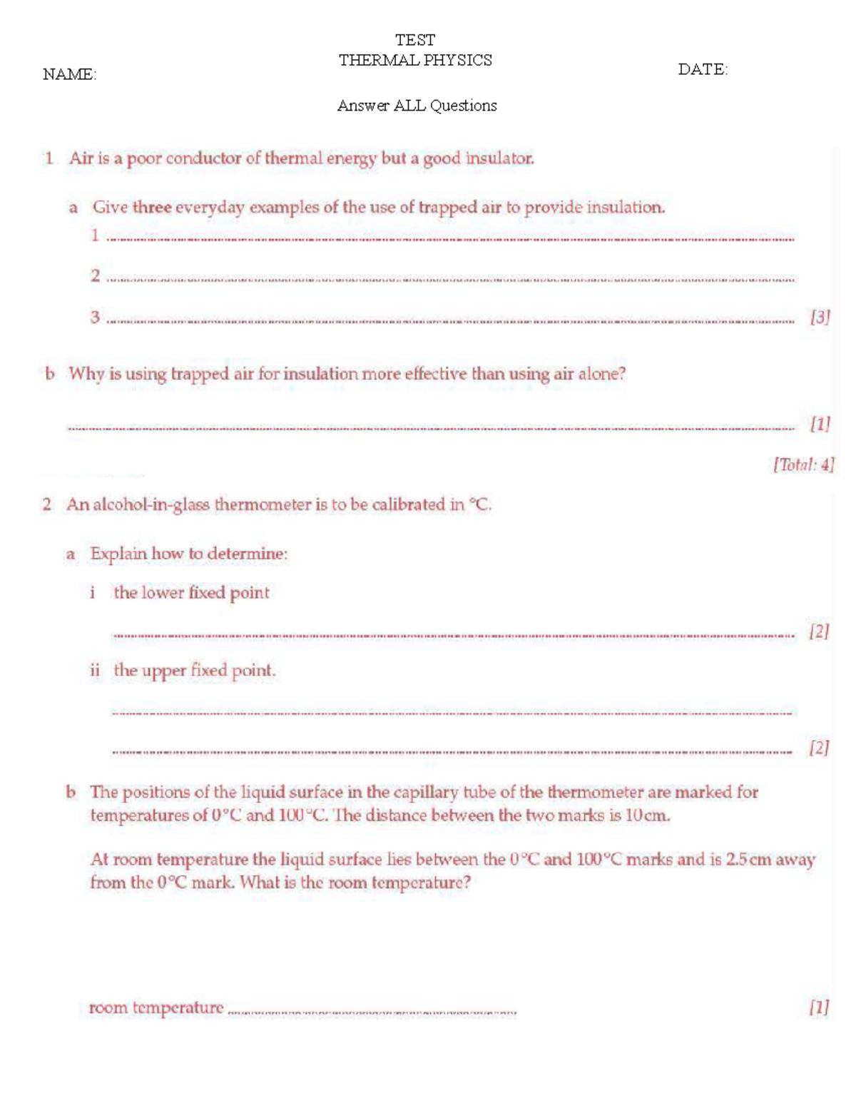 TEST Thermal Physics - Organic chemistry - NAME: DATE: TEST THERMAL ...