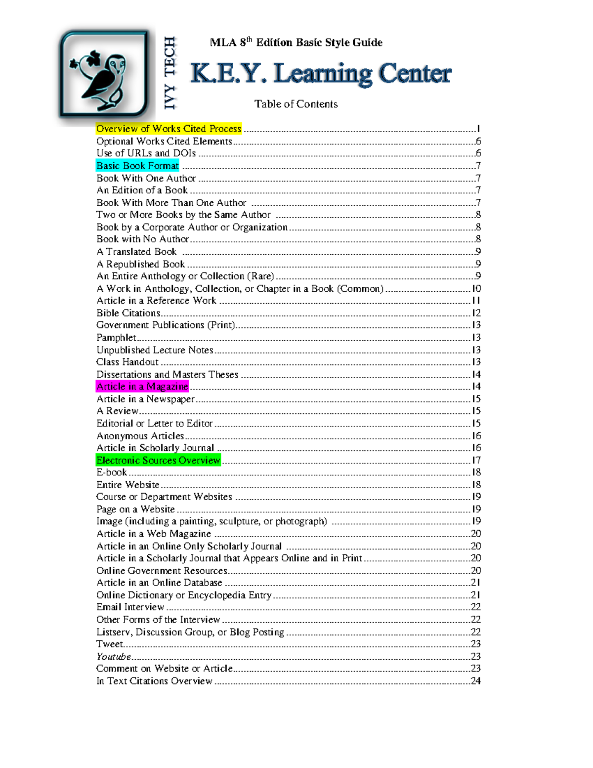 KEY Learning Center MLA 8th Basic Style Guide 1 1 - MLA 8th Edition ...