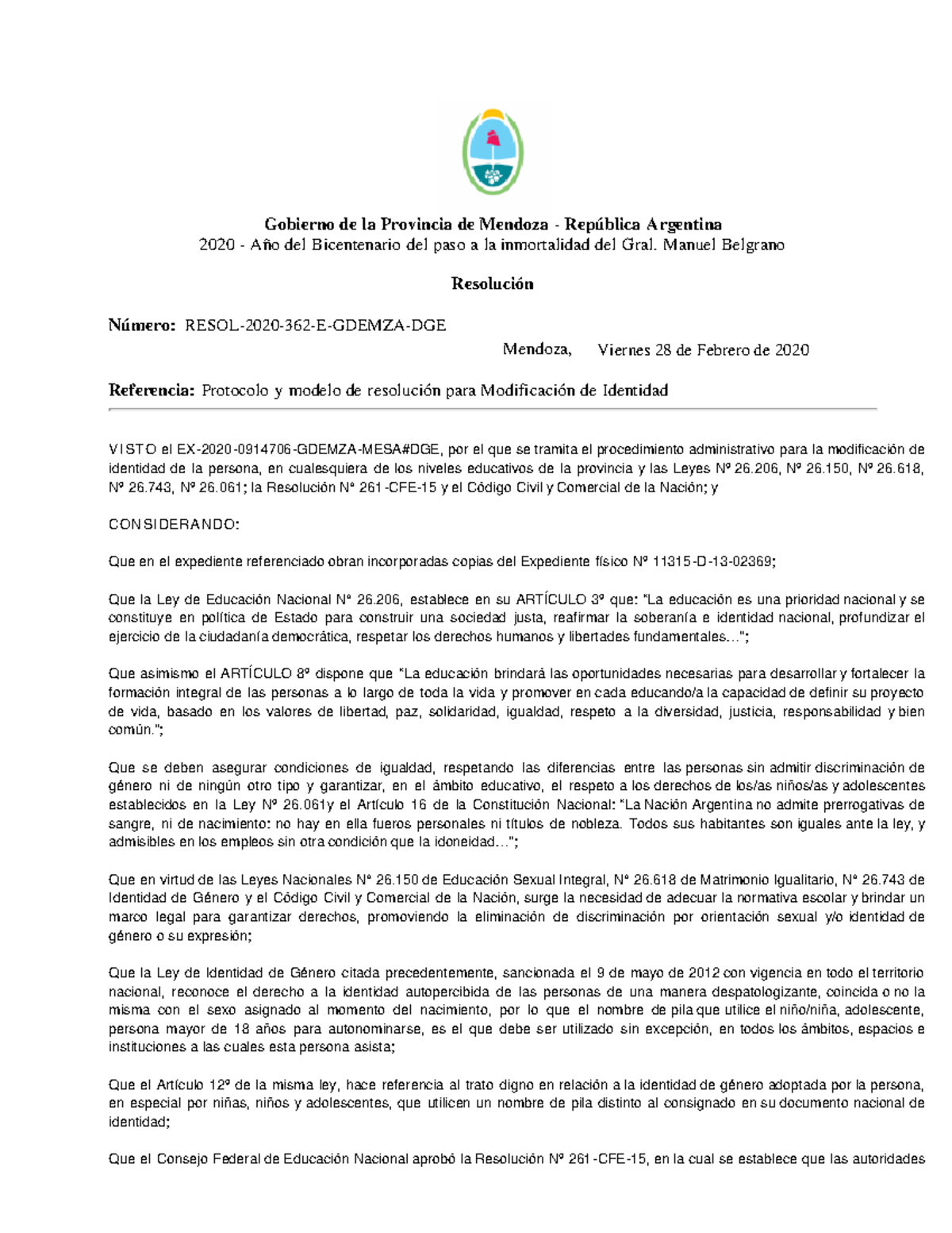 RES 362 Protocolo y modelo de resolución p modificacion de identidad - Gobierno de la Provincia ...