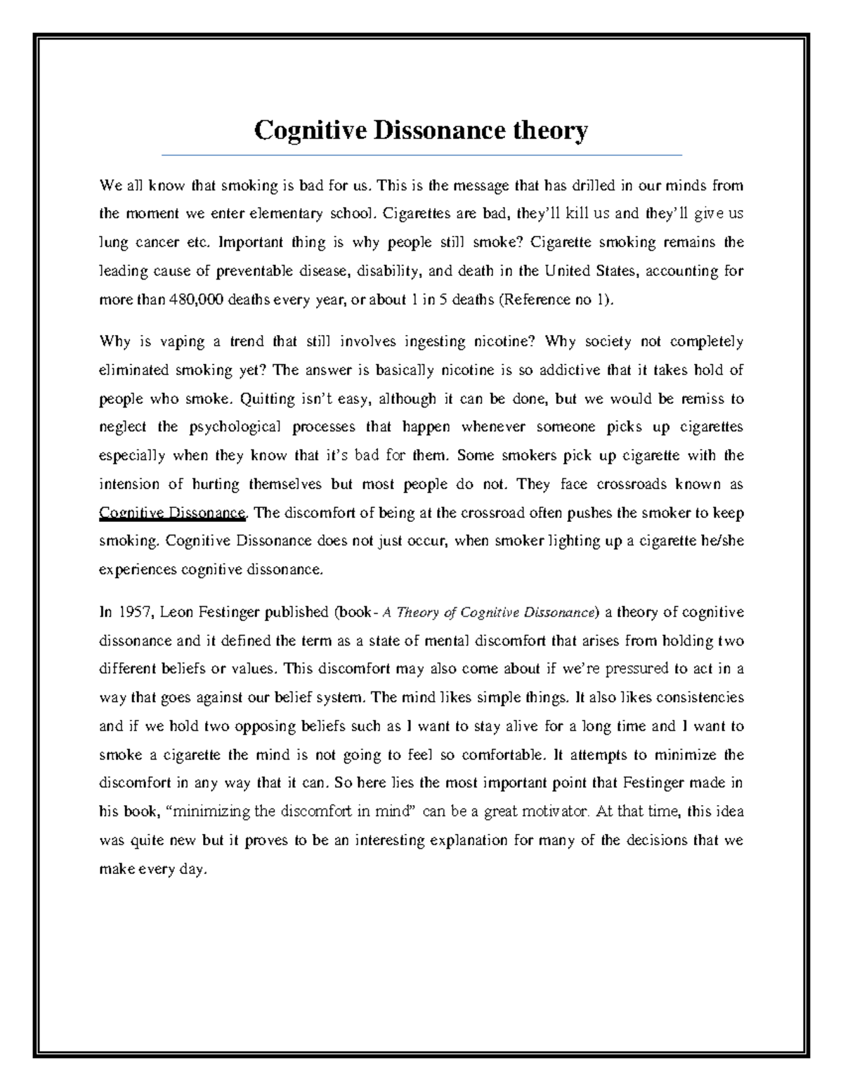 Cognitive Dissonance Self Perception - Cognitive Dissonance theory We ...