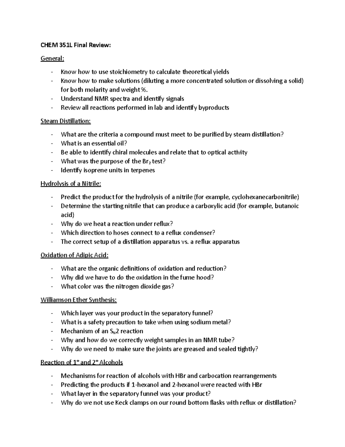 CHEM 351L Final Review - CHEM 351L Final Review: General: Know how to ...