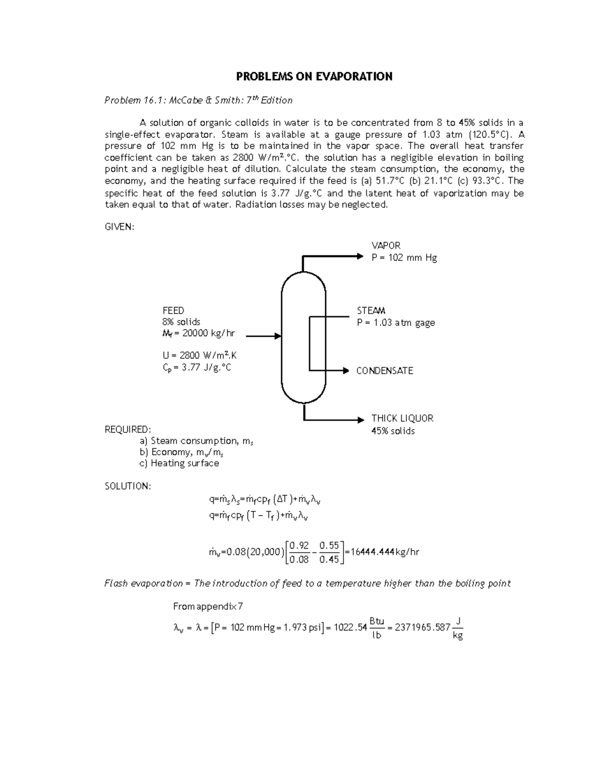 Pdfcoffee - N/A - PROBLEMS ON EVAPORATION Problem 16: McCabe & Smith: 7th Edition A solution of ...