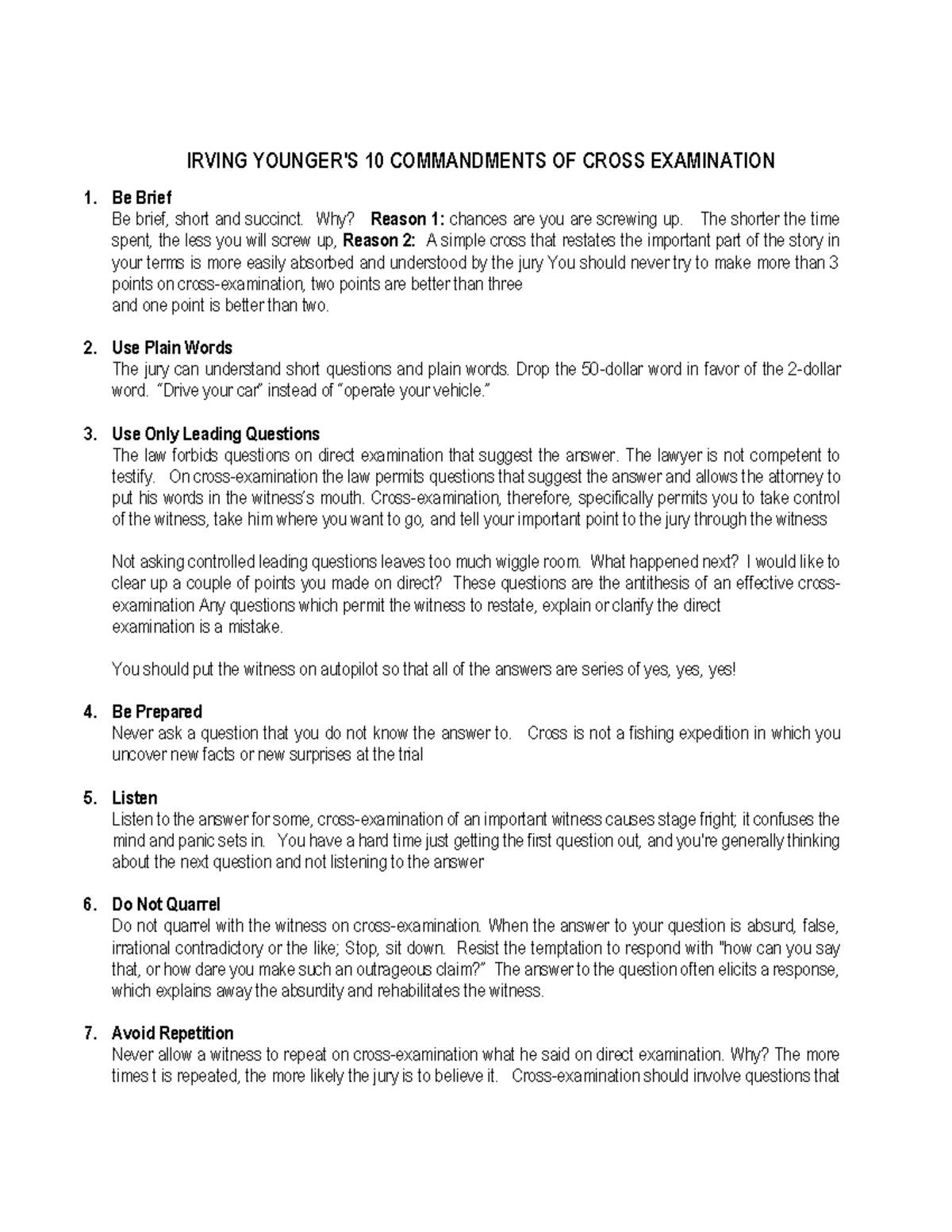 Summarized 10 Commandments from The Art of Cross-Examination by Irving ...