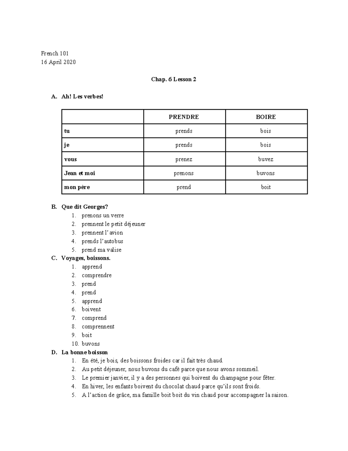 Chap. 6 lesson 2 - Homework - French 101 16 April 2020 Chap. 6 Lesson 2 ...