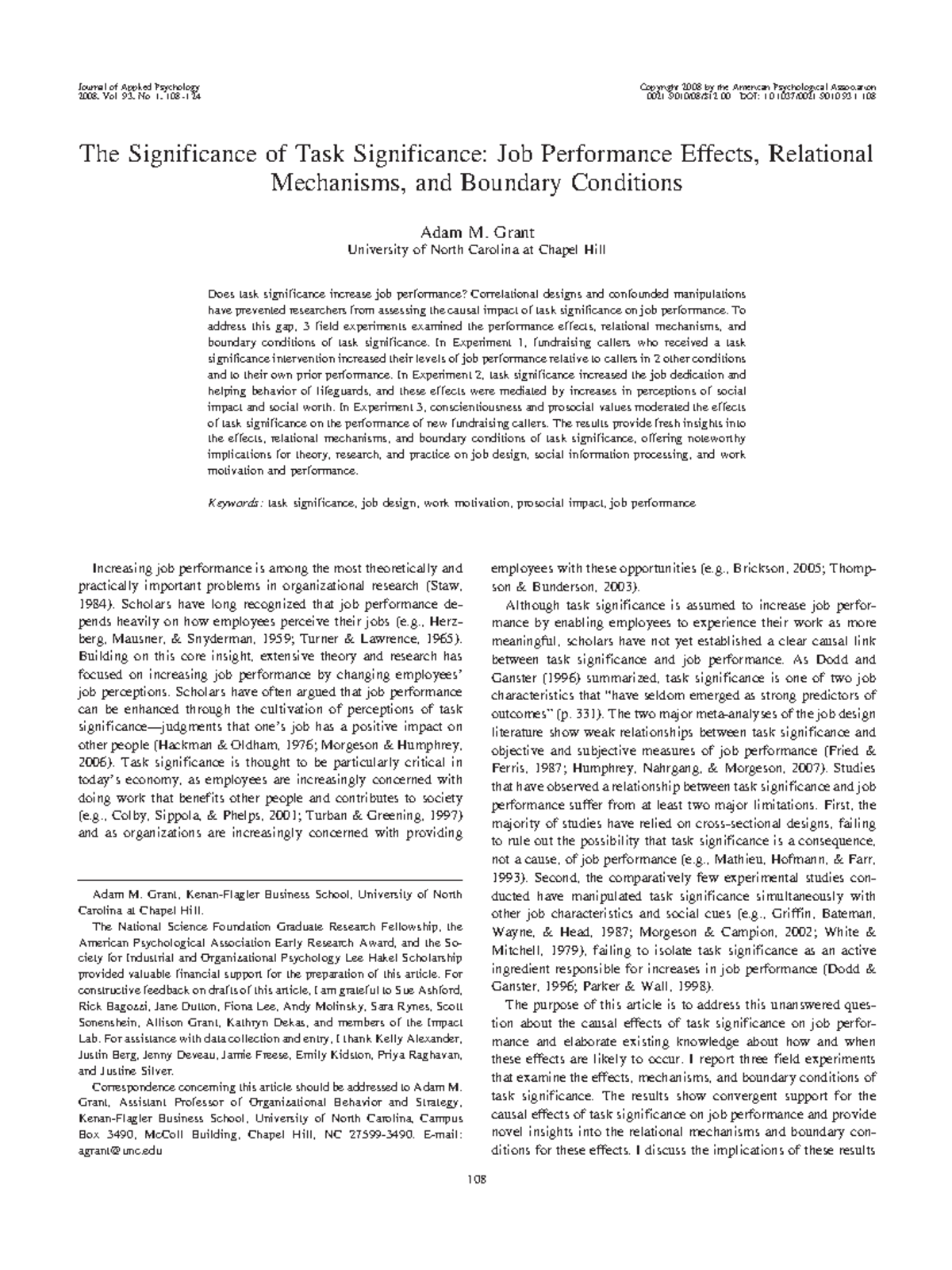 Artikel Grant voor probleem 1 - The Significance of Task Significance ...