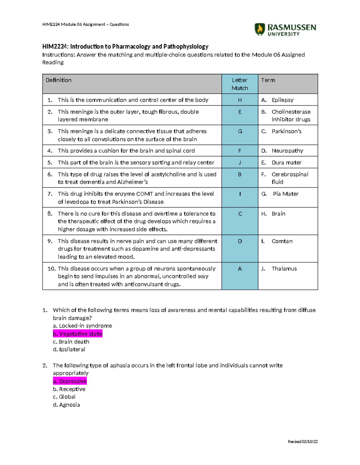 Module 06 Assignment Questions - HIM2224 Module 06 Assignment ...