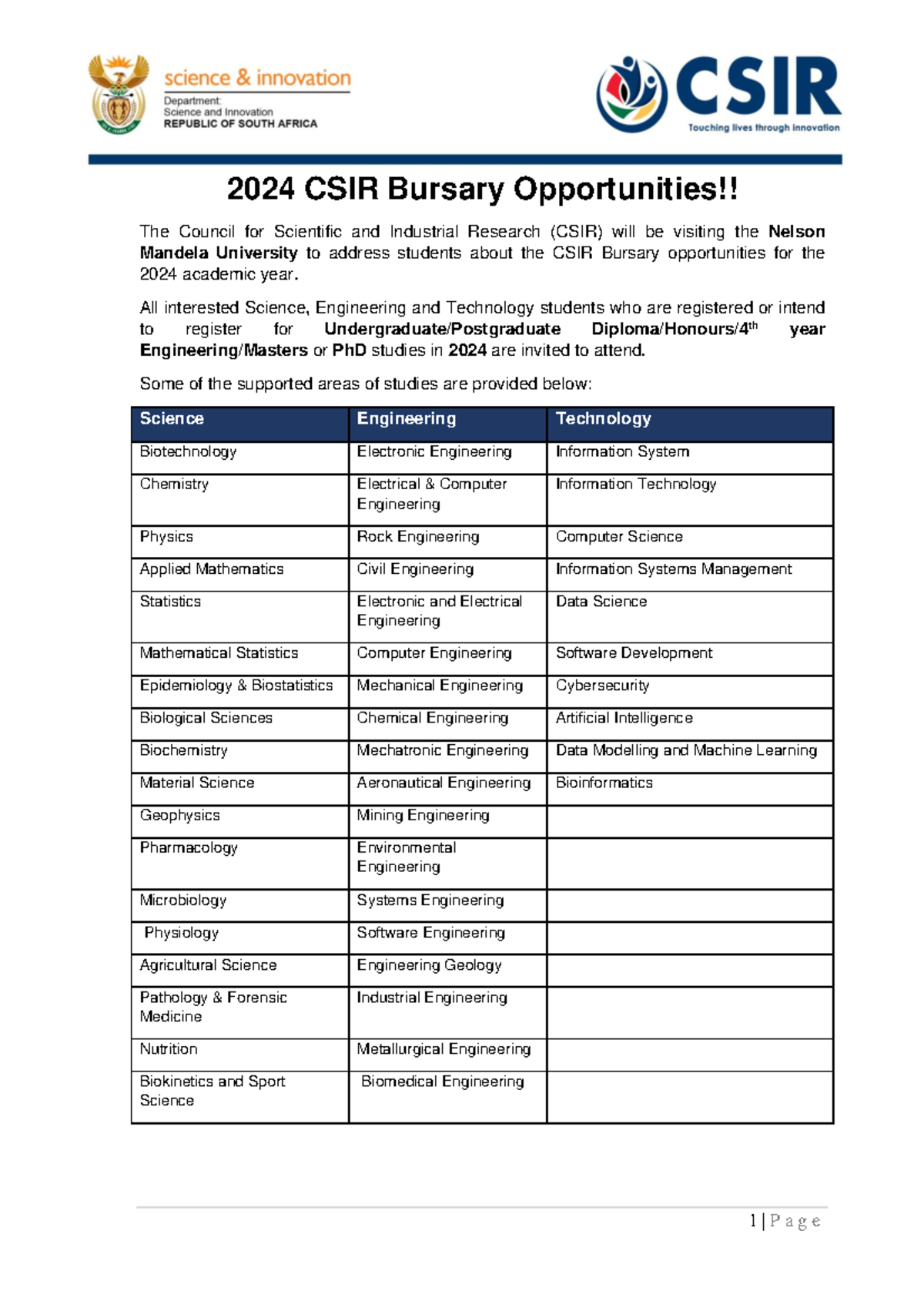 CSIR Bursary Information sharing session - 1 | P a g e 2024 CSIR ...
