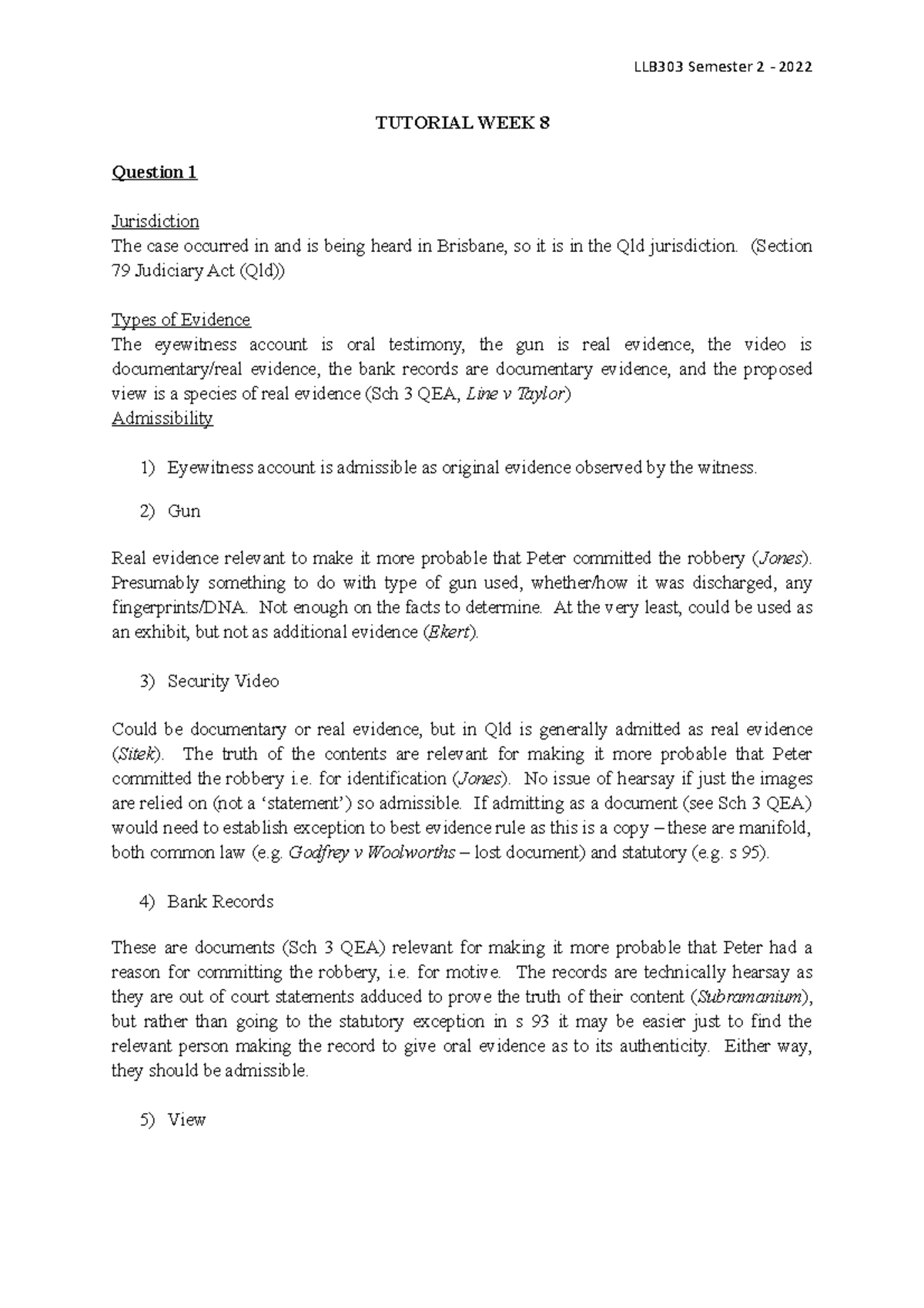 Answers Week 8 - Tutorial - TUTORIAL WEEK 8 Question 1 Jurisdiction The case occurred in and is ...