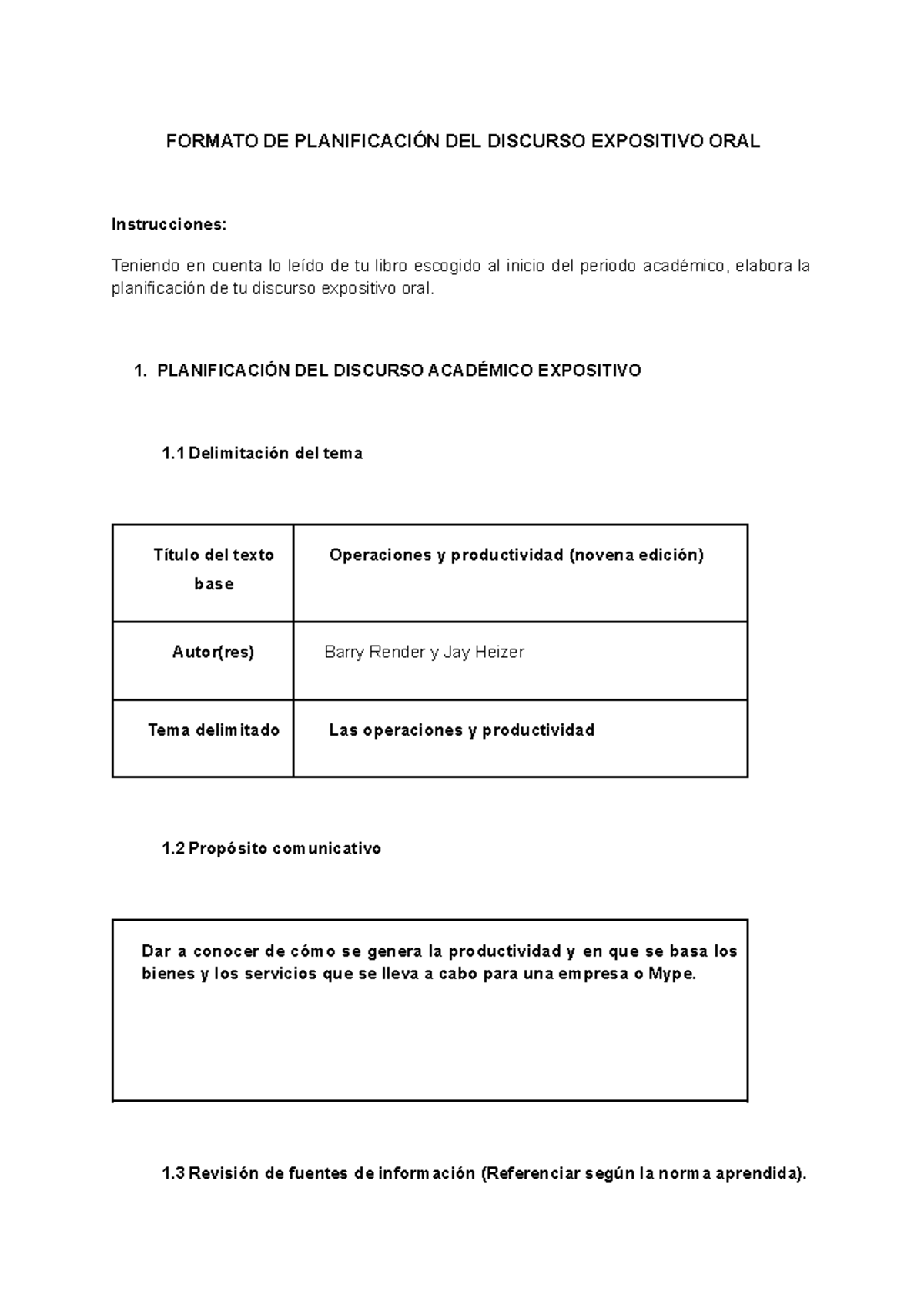 Formato DE Planificación DEL Discurso Expositivo ORAL - FORMATO DE ...