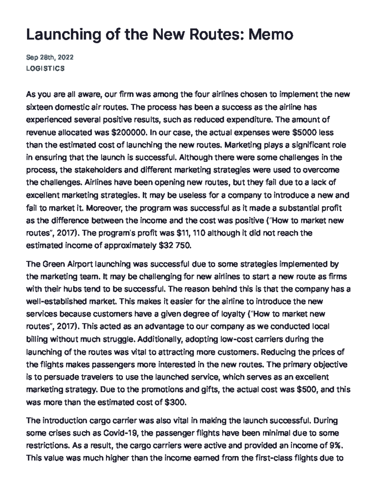 Launching of the New Routes Memo - Launching of t he New Routes: Memo ...