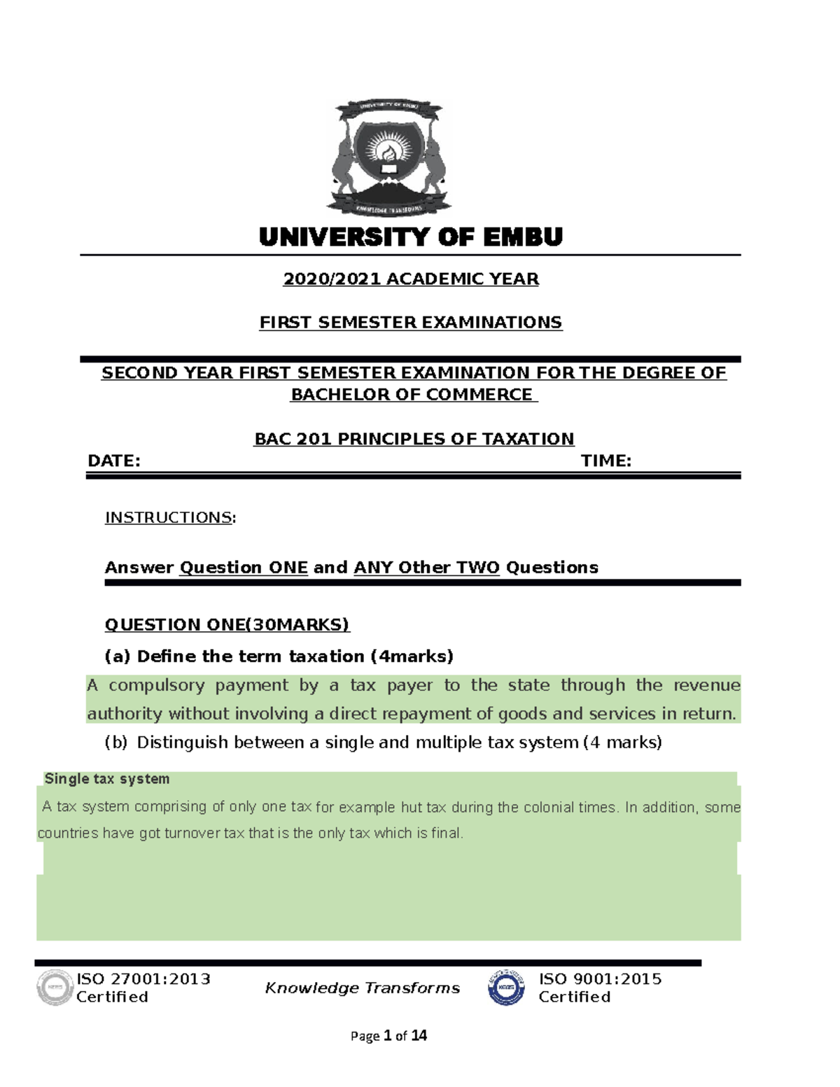 BAC 201 MAIN Examination and Marking Scheme - UNIVERSITY OF EMBU 2020/ ...