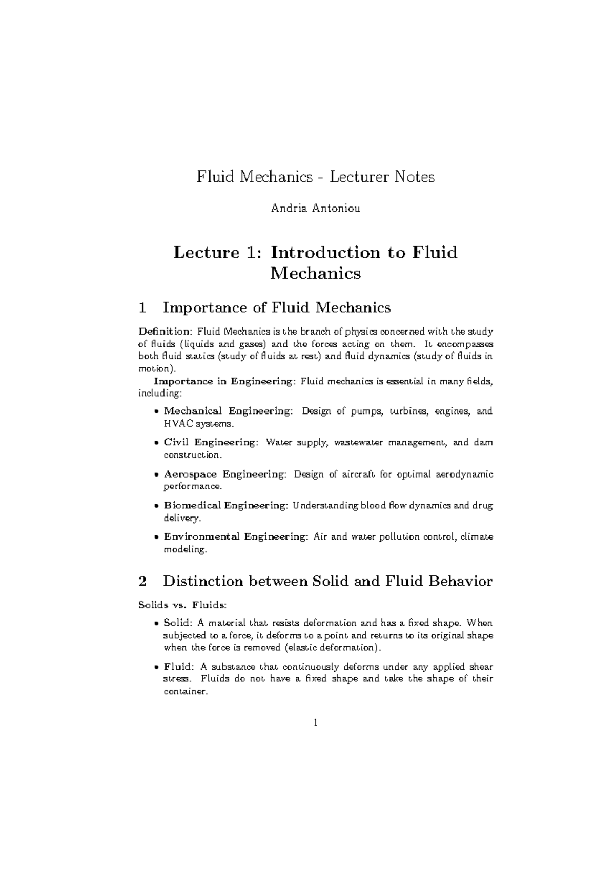 FM Lecture 1 Introduction To Fluid Mechanics - Fluid Mechanics ...