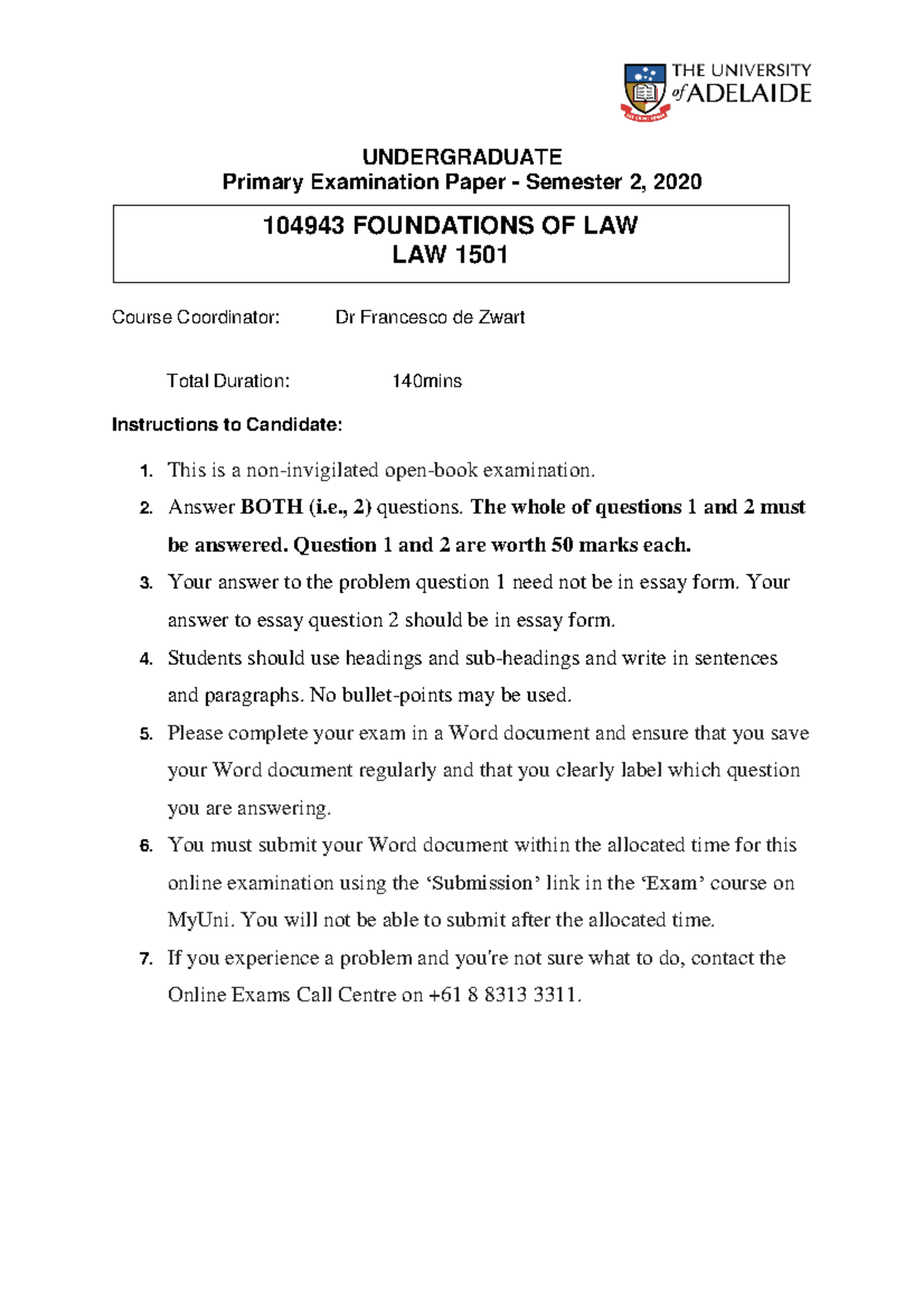 LAW 1501 Foundations of Law 4020 Primary - UNDERGRADUATE Primary ...