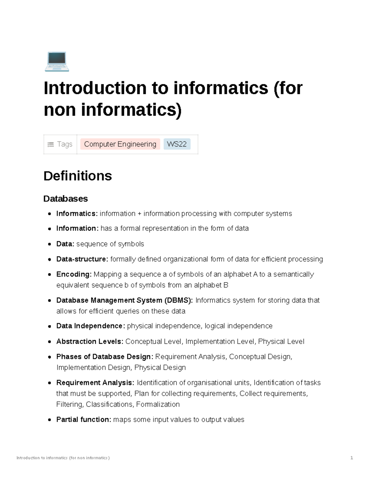 Definitions Introduction to informatics (for non informatics) - 💻 Introduction to informatics ...