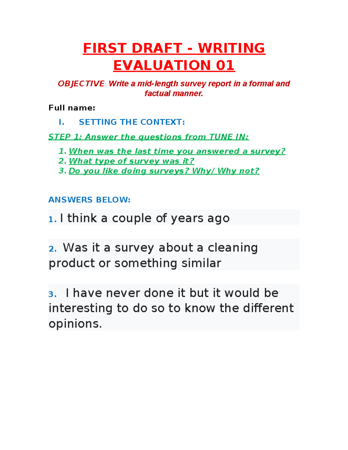 Writing Evaluation 01 - FIRST DRAFT - WRITING EVALUATION 01 OBJECTIVE ...