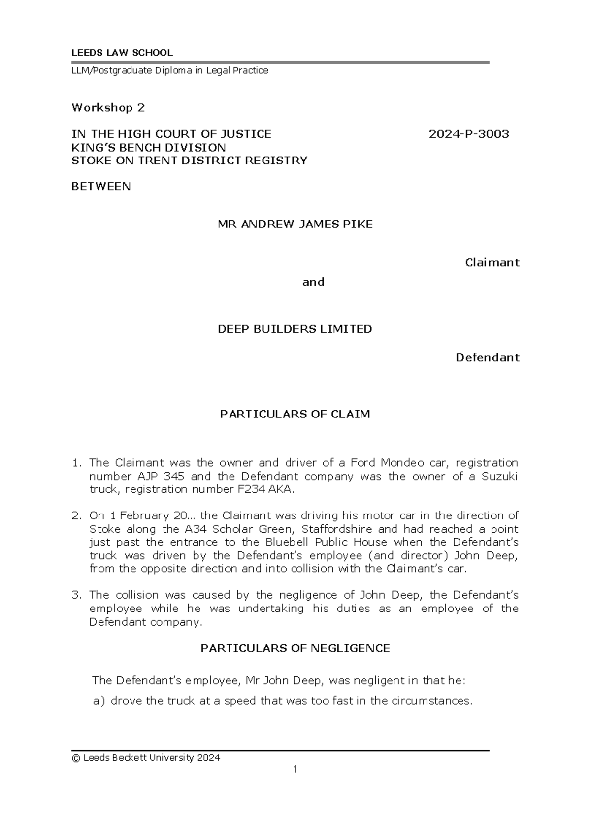 Particulars of Claim(1) - LEEDS LAW SCHOOL LLM/Postgraduate Diploma in ...