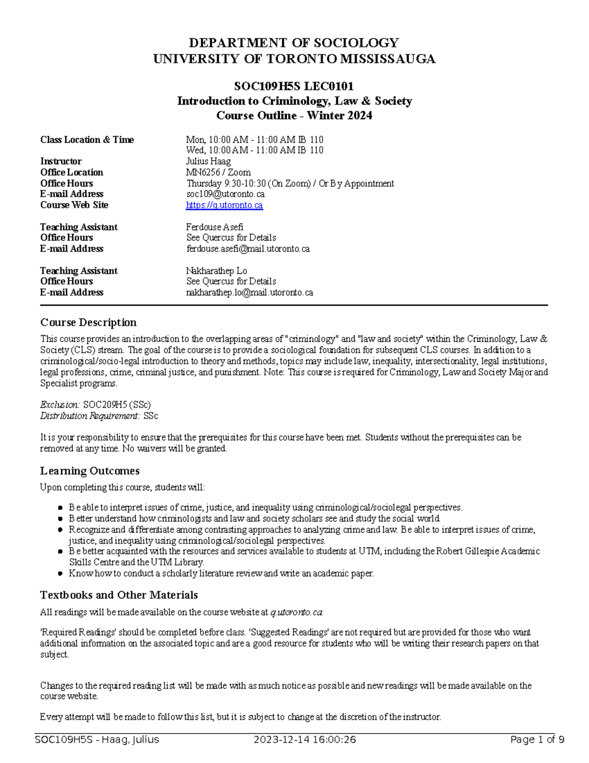 20241 SOC109 H5S LEC0101 syllabus - DEPARTMENT OF SOCIOLOGY UNIVERSITY OF TORONTO MISSISSAUGA ...
