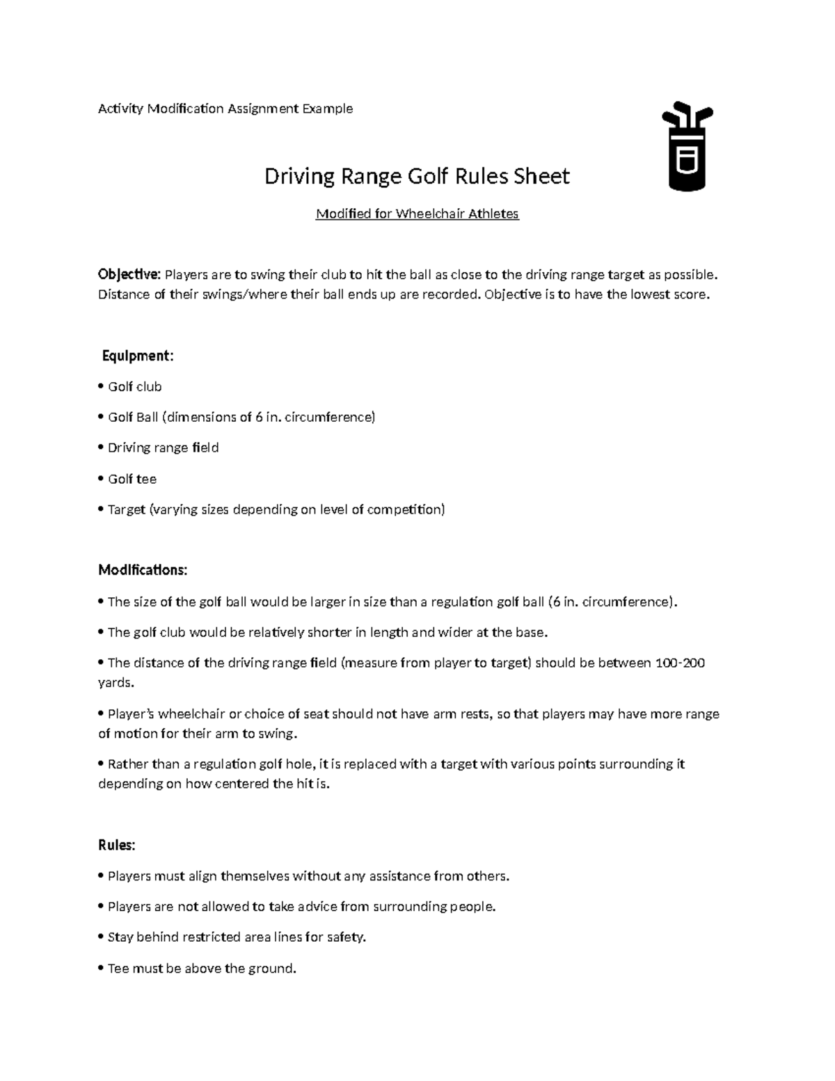 Activity Modification Assignment Example - Distance of their swings ...
