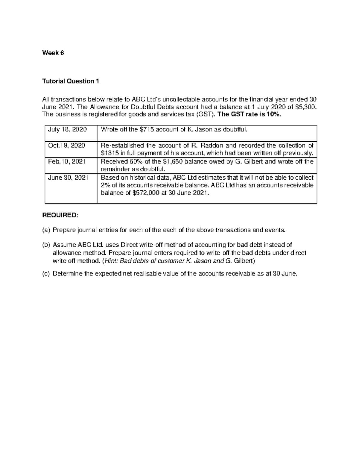 Tutorial Question 1- Week 6 - Week 6 Tutorial Question 1 All transactions below relate to ABC ...