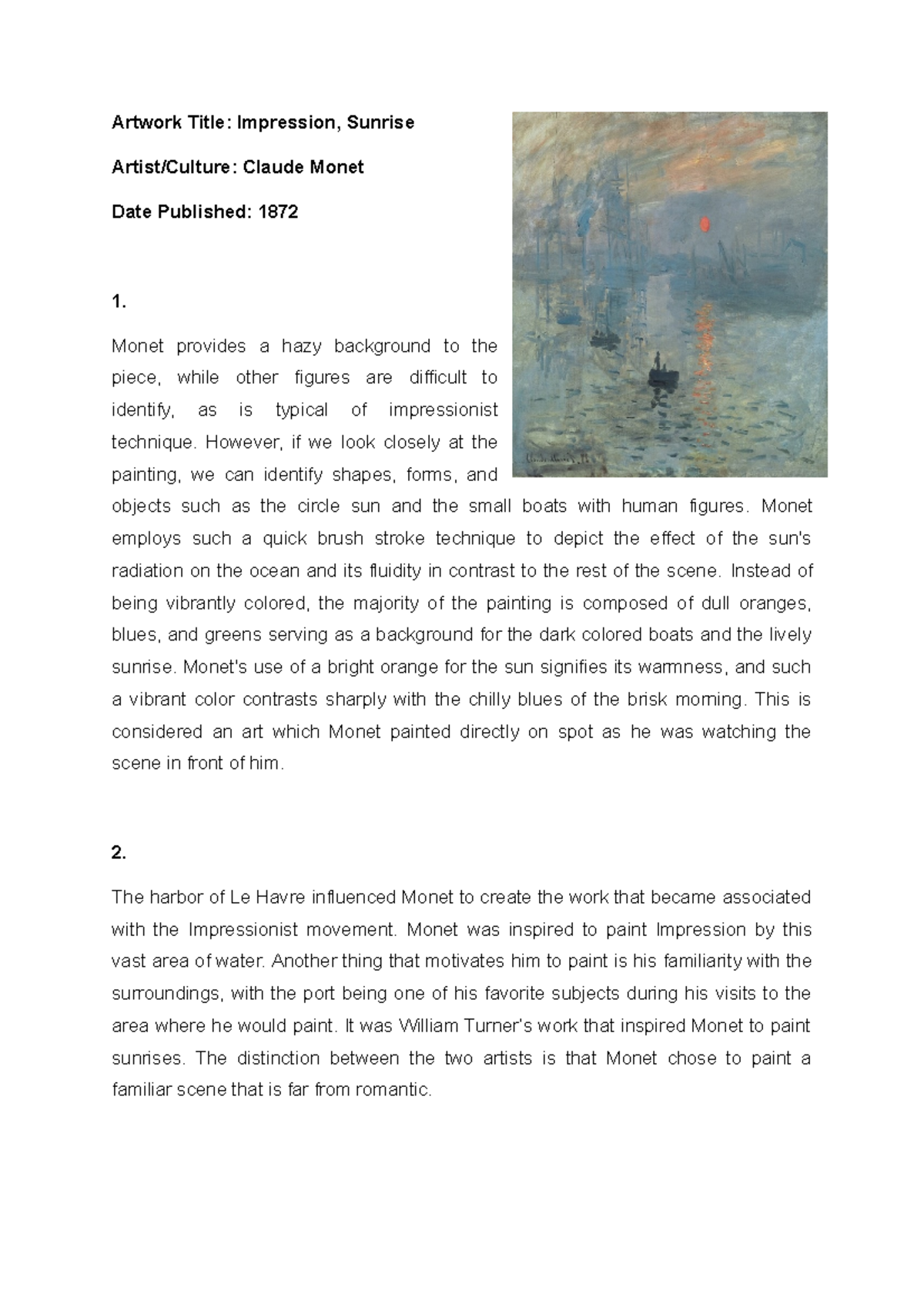 Art 3 A - Art Essay 3.A - Artwork Title: Impression, Sunrise Artist ...