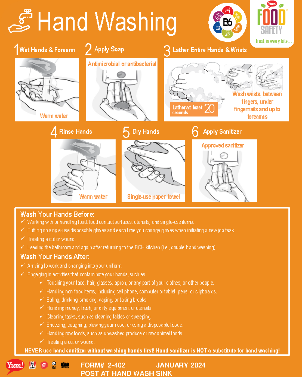 YUM Global FOOD Safety FORM 2-402 HAND Washing JOB AID January 2024 ...