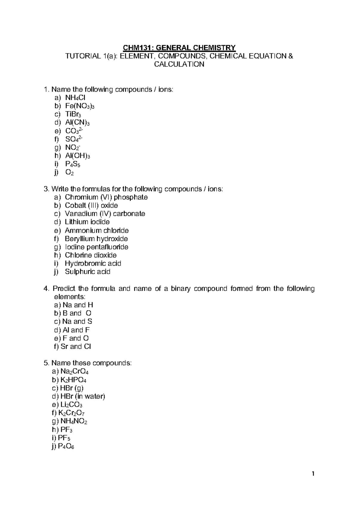 CHM133 Tutorial 1A - HI HHOW ARE YOU - 1 CHM131: GENERAL CHEMISTRY ...