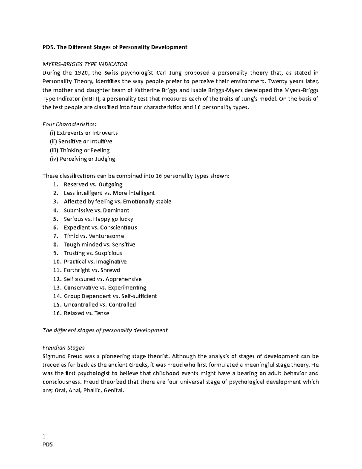 PD5 - Lecture notes 5 - PD5. The Different Stages of Personality ...