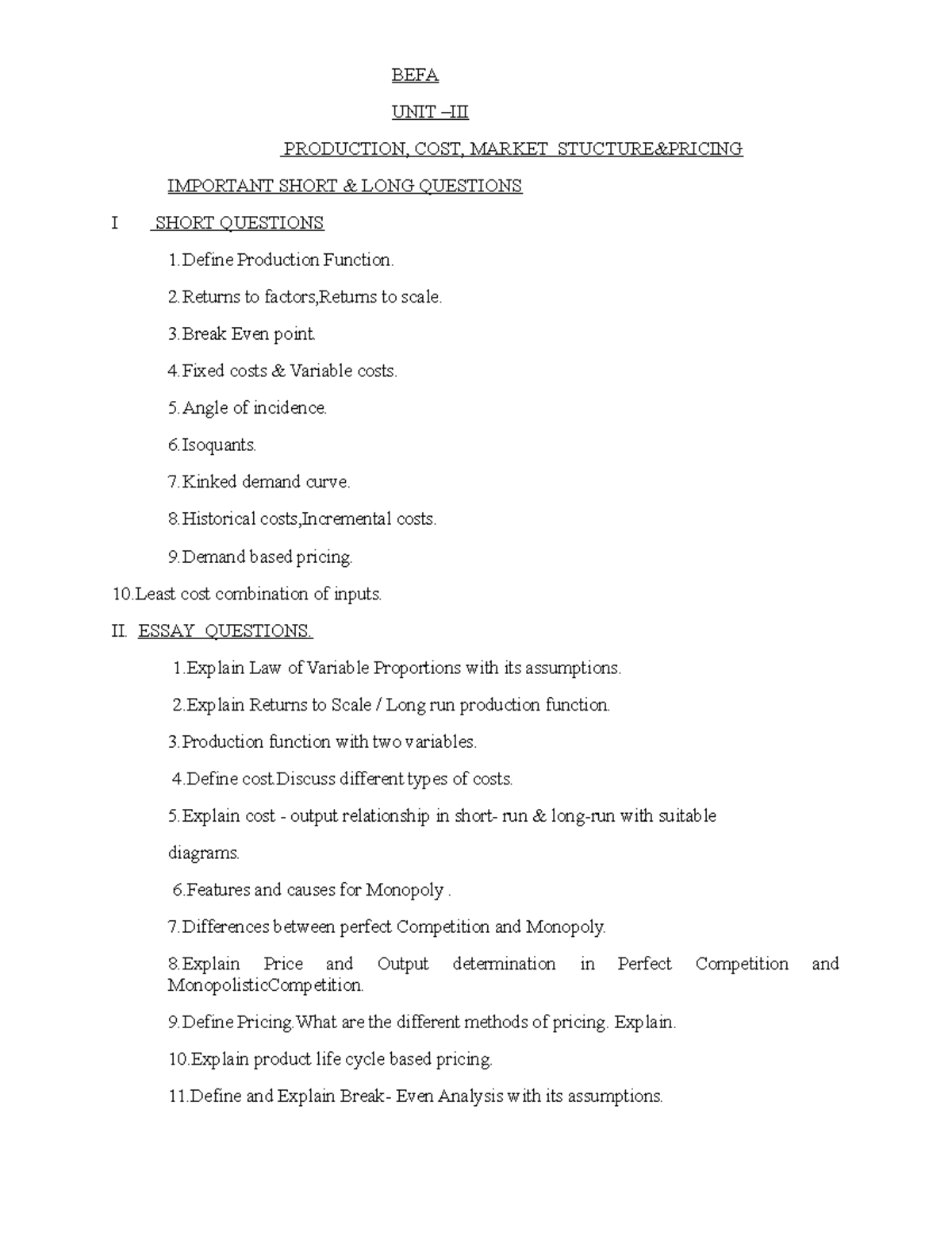 BEFA UNIT III IMP Questions - BEFA UNIT –III PRODUCTION, COST, MARKET STUCTURE&PRICING IMPORTANT ...