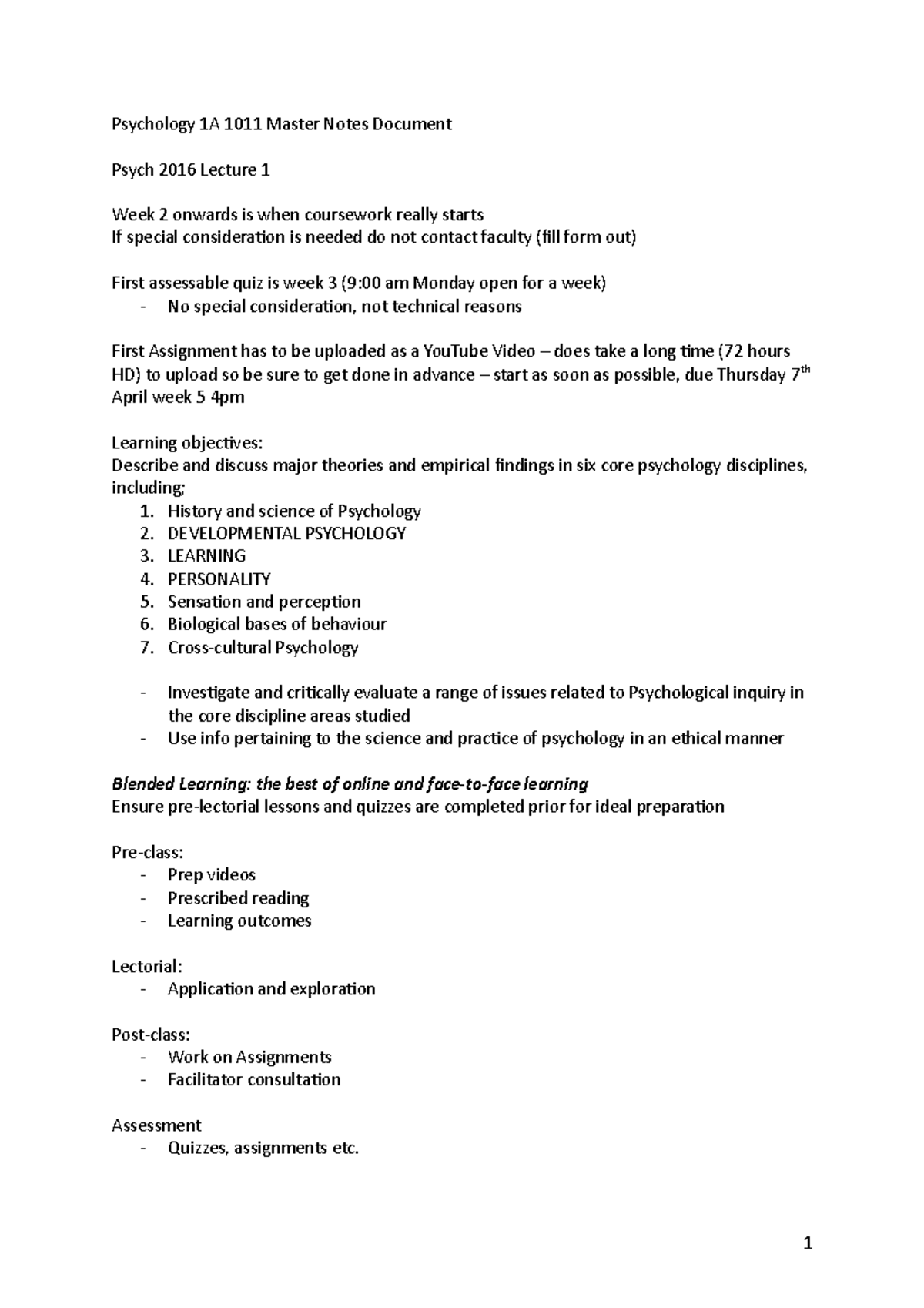 Psychology 1A 1011 Master Notes Document - Psychology 1A 1011 Master ...