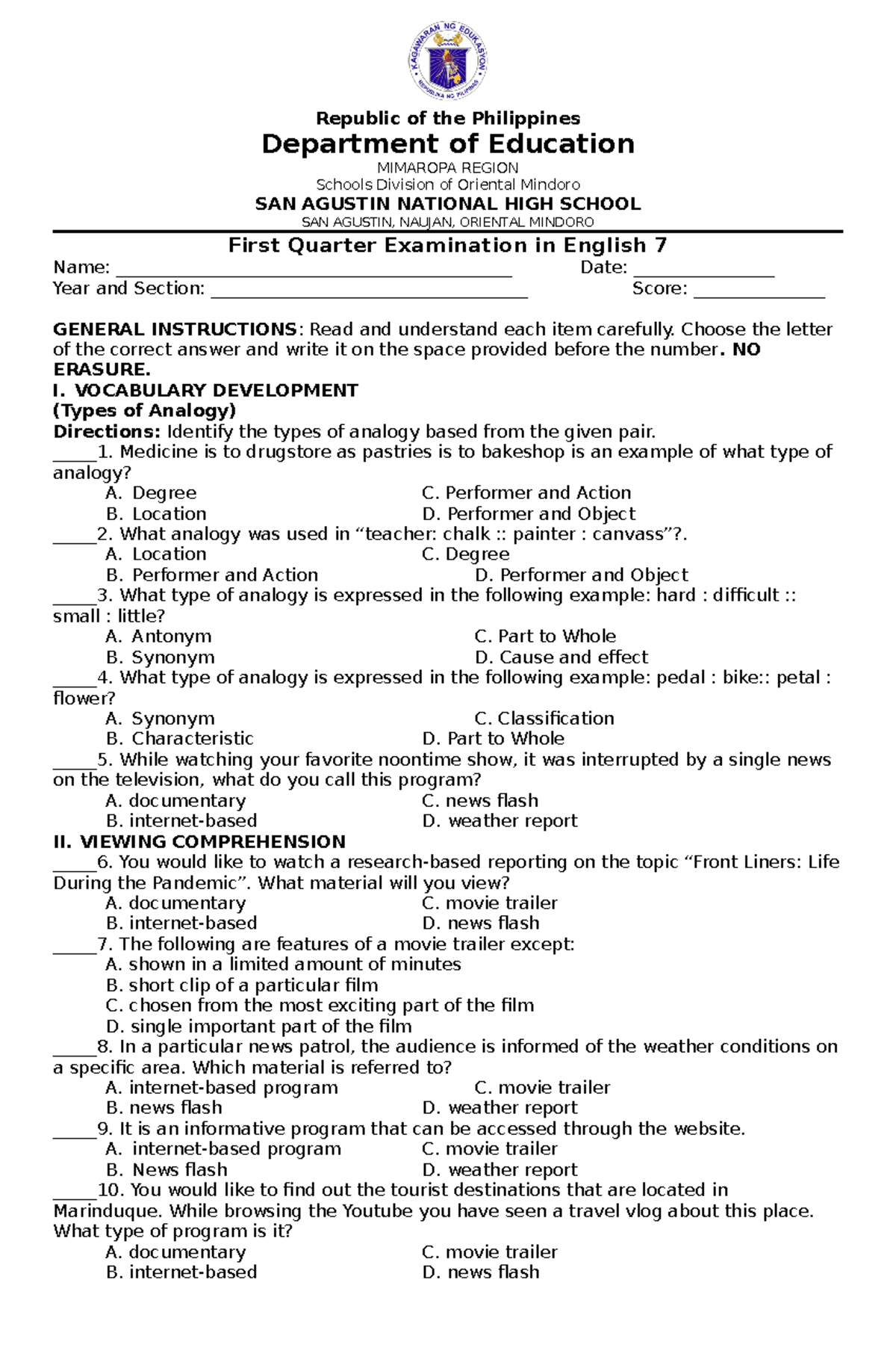 English 7- First Periodical TEST-lower sections - Republic of the ...