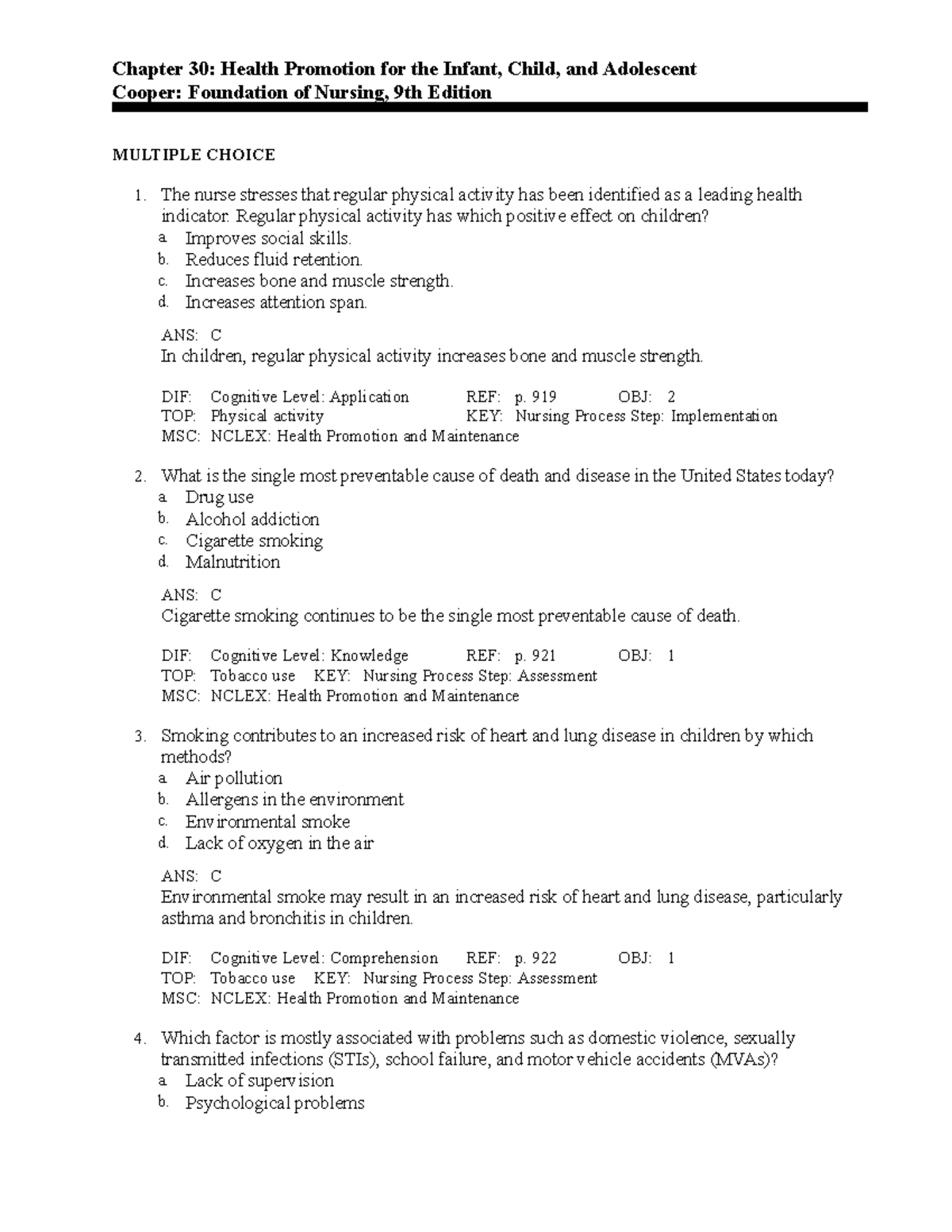 30 - Q&A - Chapter 30: Health Promotion for the Infant, Child, and ...