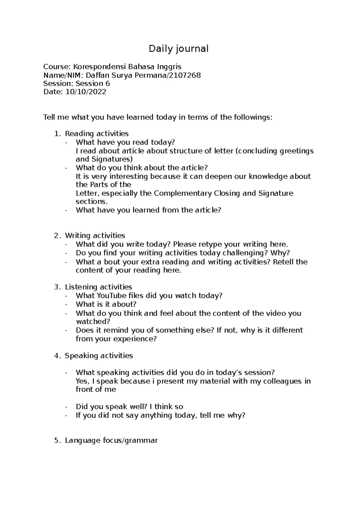 Daily journal at English Course to reflect student's understanding ...